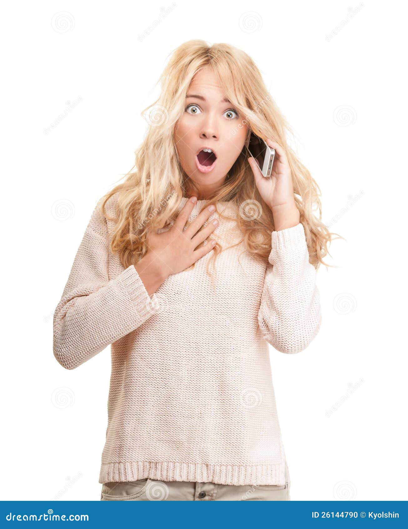Shocked Young Woman Talking on Phone on White. Stock Photo - Image of ...