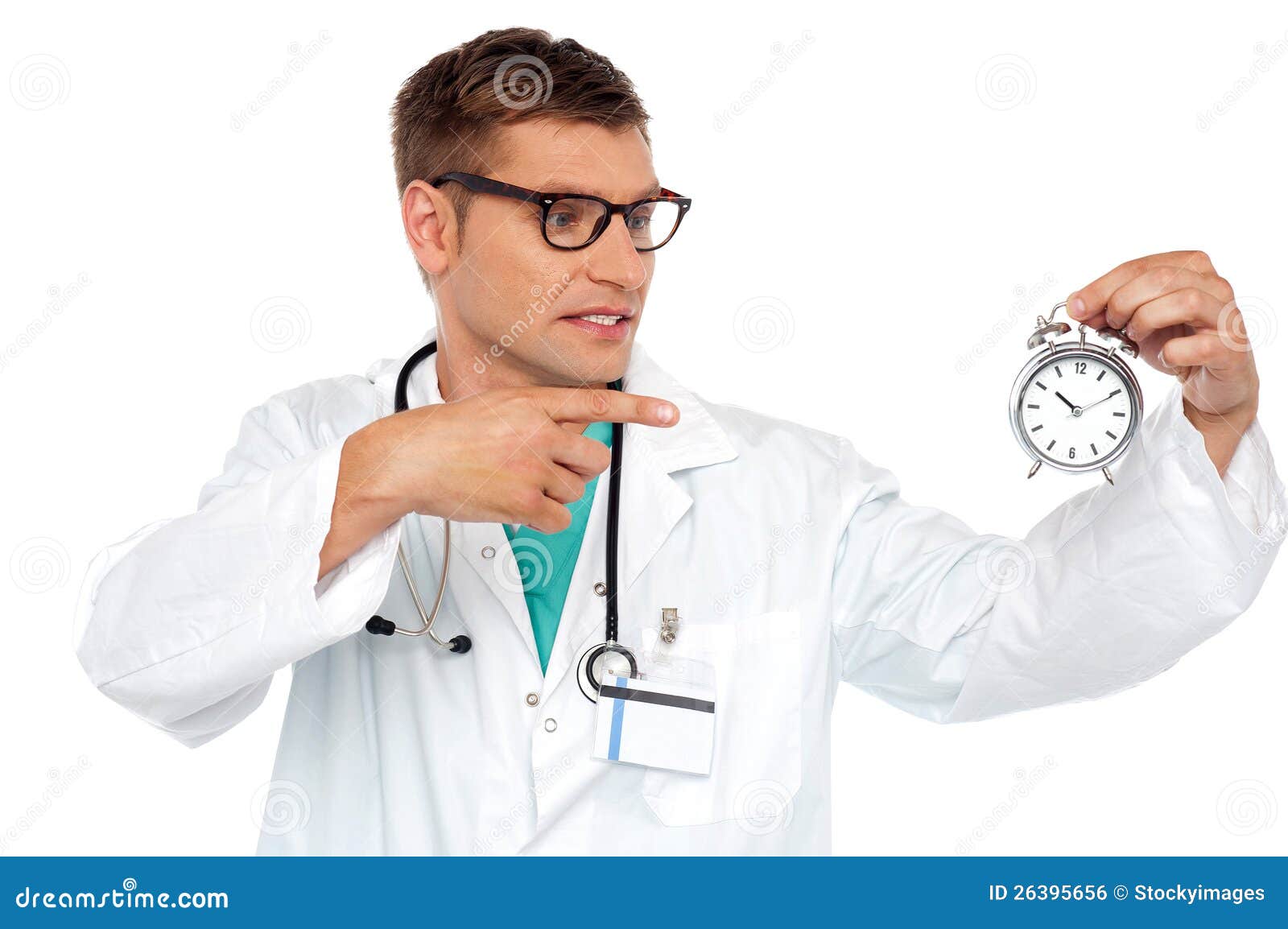 Shocking Young Doctor Pointing At Alarm Clock Stock Photo - Image of ...