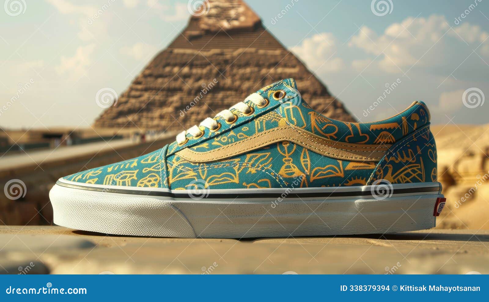 Shoe with Designs Inspired Egypt Pyramids in Sunset Scene Generative AI ...