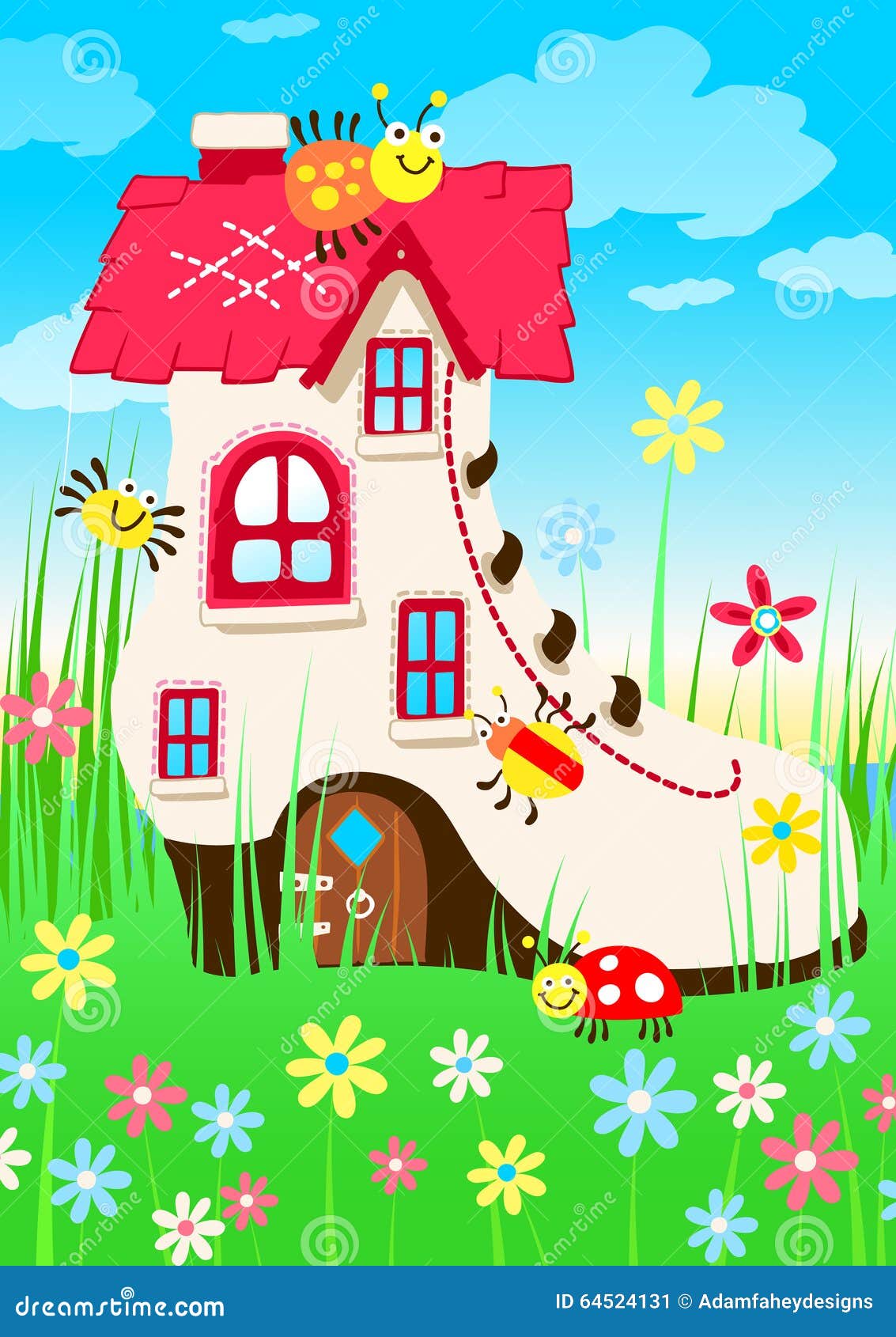 Shoe House with Bugs and Flowers Stock Vector - Illustration of ...