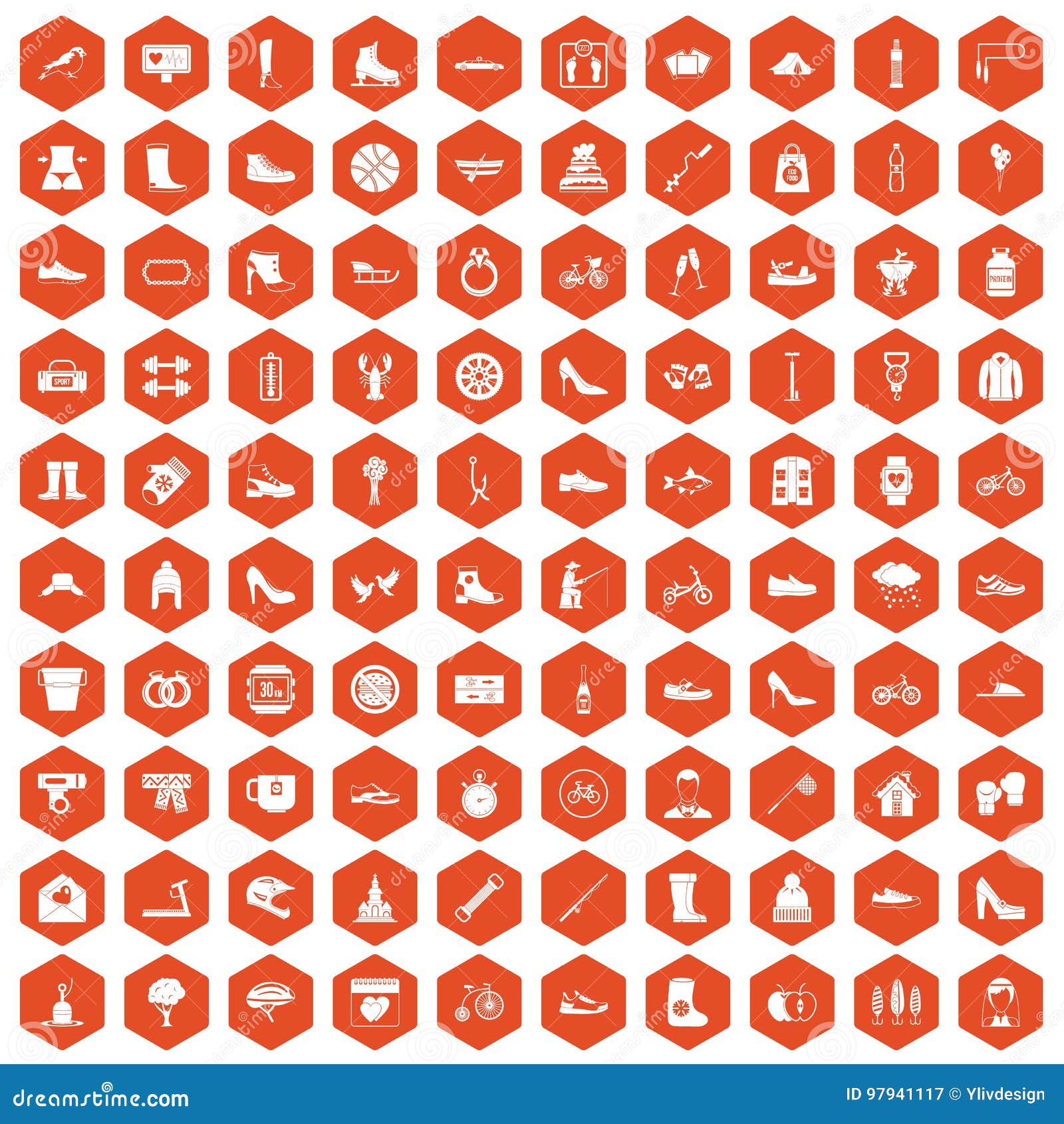 100 Shoe Icons Hexagon Orange Stock Vector - Illustration of ball, sled ...