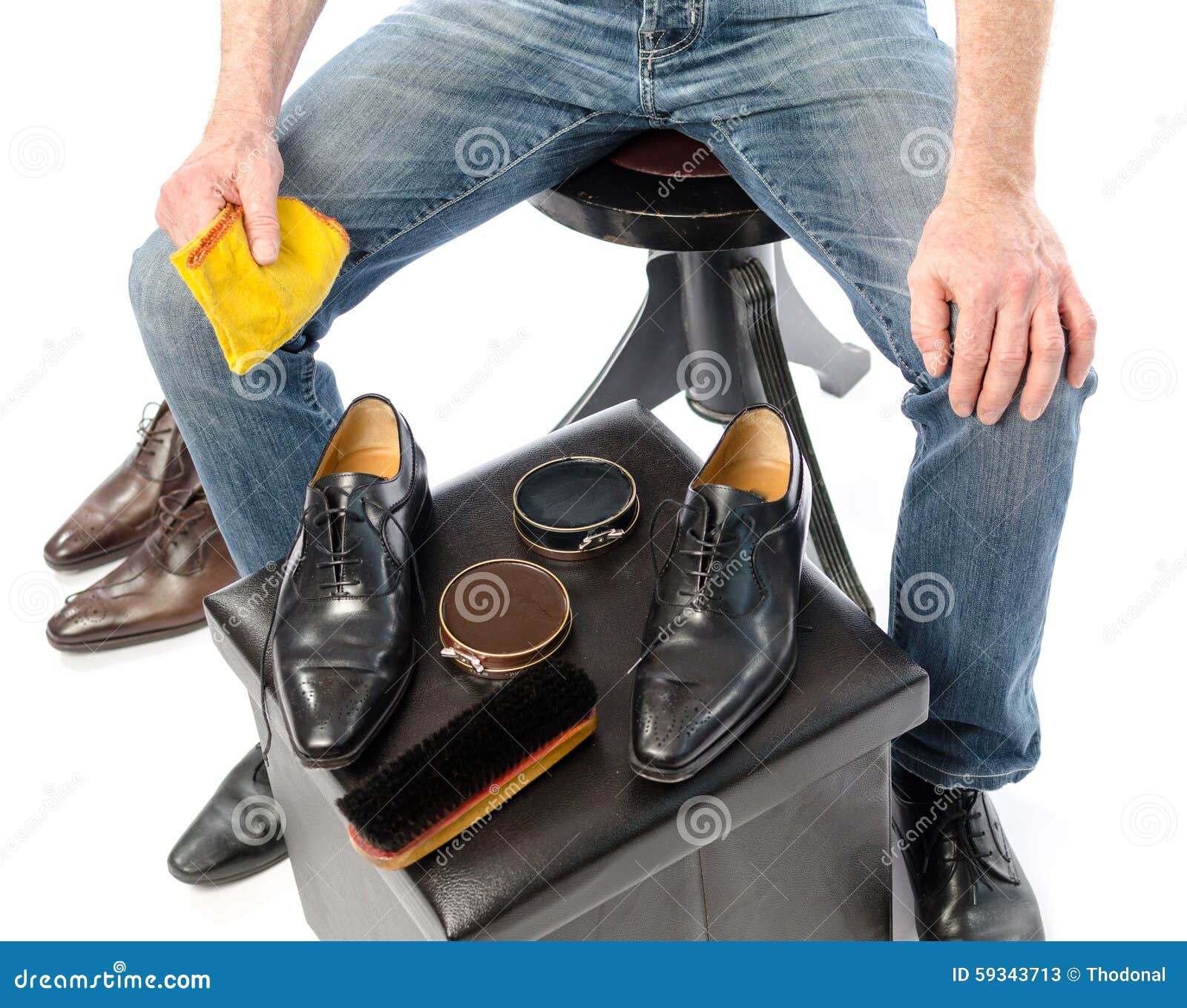 Shoe Shiner in Front of His Equipment Stock Image - Image of person ...