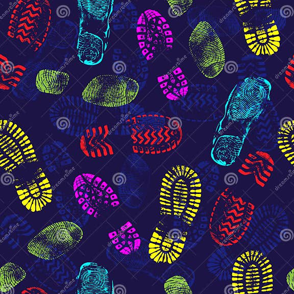 Shoe Sole Marks on Blue Background, Seamless Pattern. Vector ...