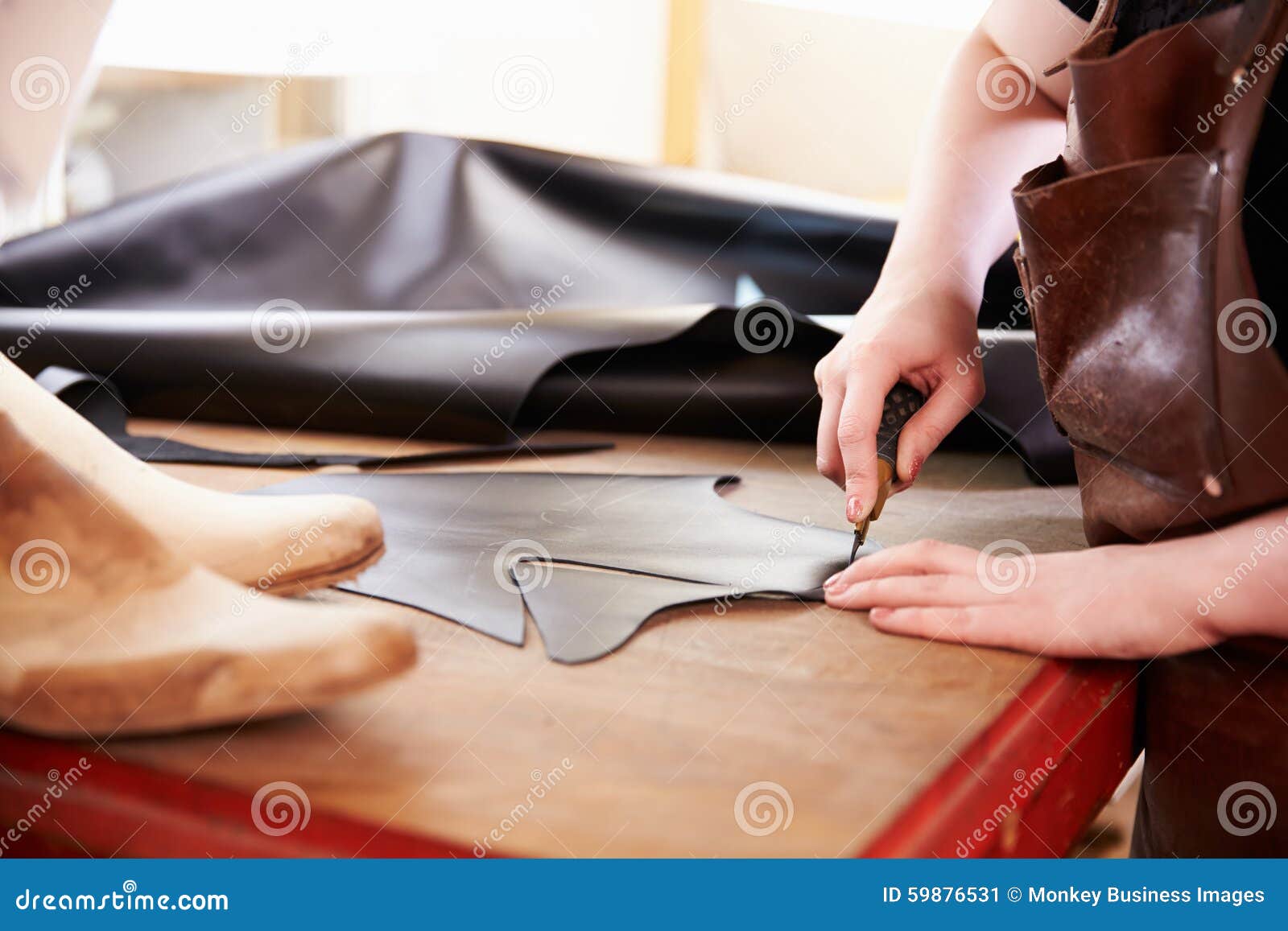 Shoemaker Cutting Leather in a Workshop, Close Up Stock Image - Image ...