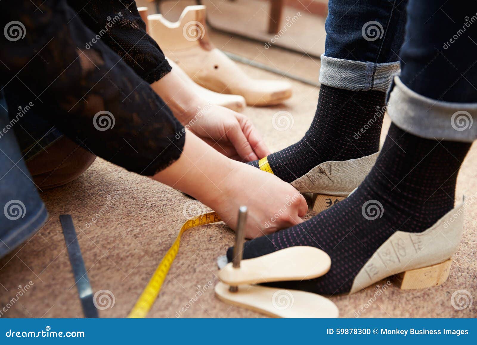 Shoemaker Measuring Customers Feet, Close Up Stock Photo - Image of ...