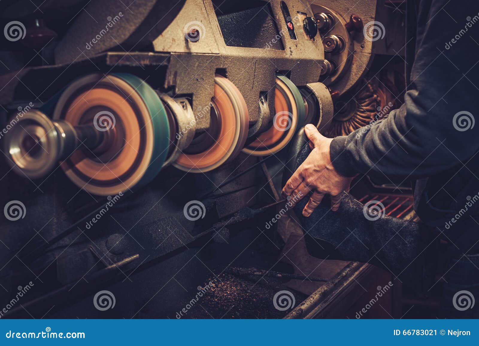 Shoemaker Performs Shoes in Studio Craft Grinder Machine. Stock Image ...