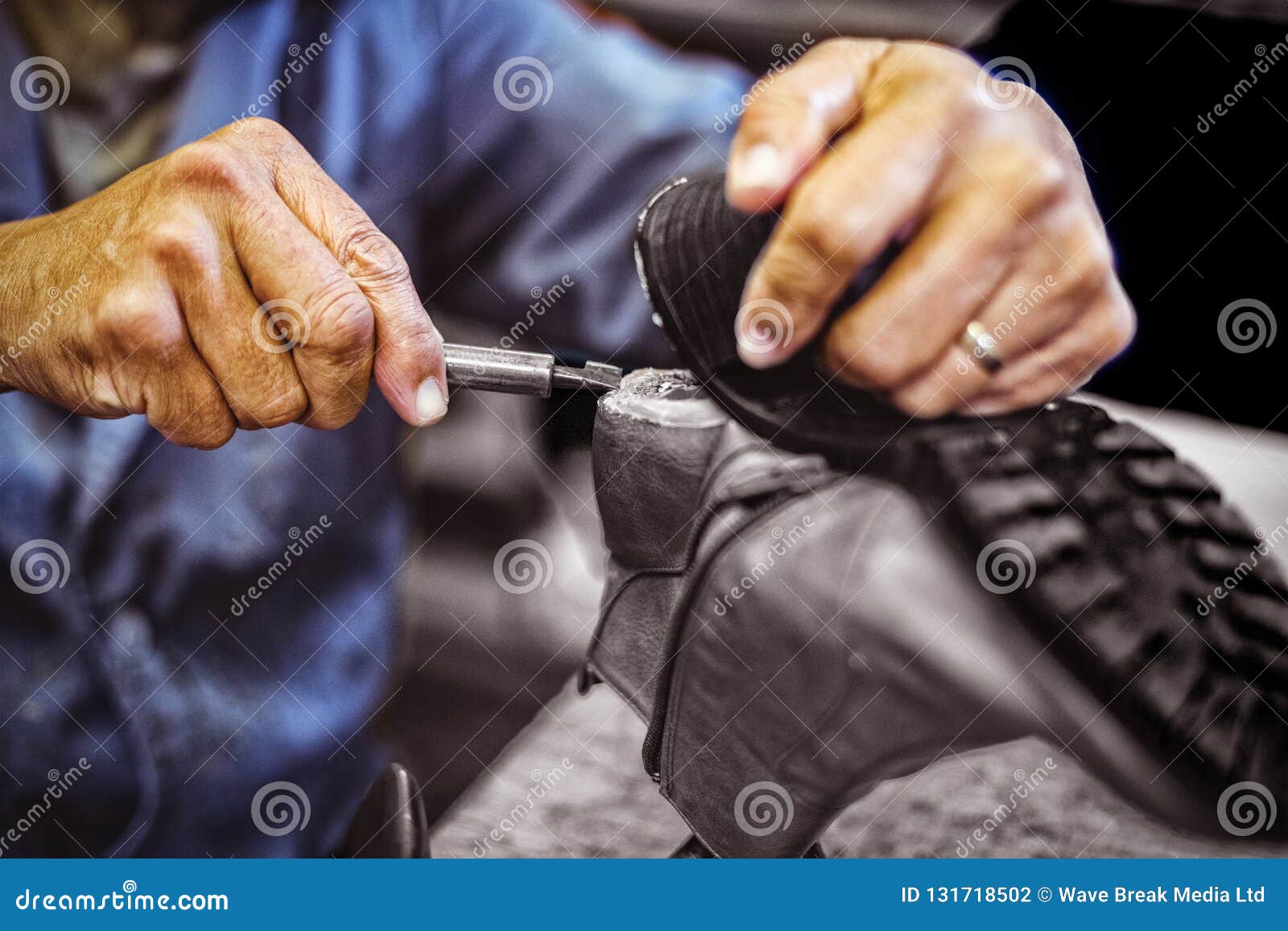 Shoemaker Repairing a Shoe Sole Stock Photo - Image of industry ...