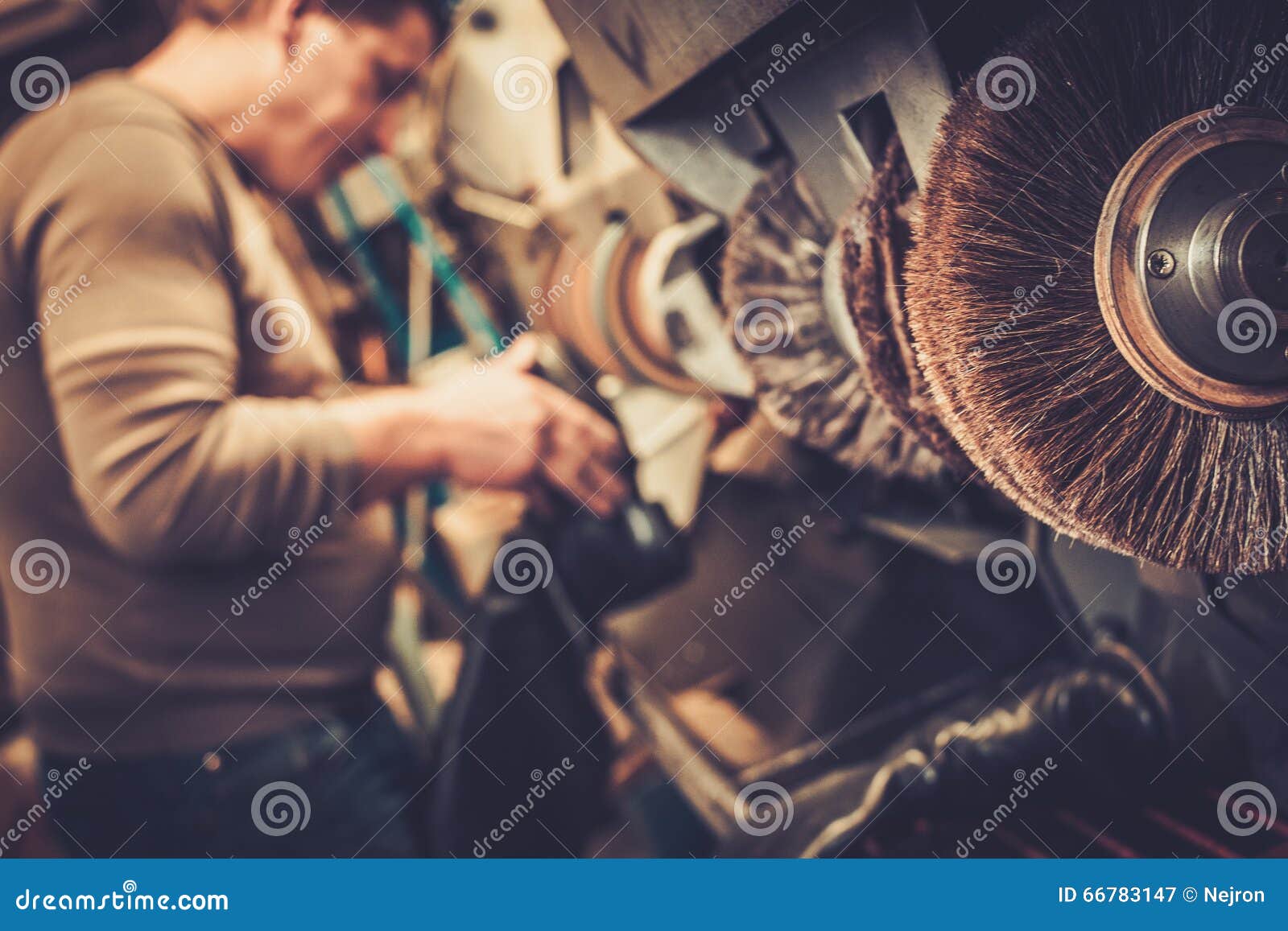 Shoemaker Repairs Shoes in Studio Craft Grinder Machine. Stock Image ...