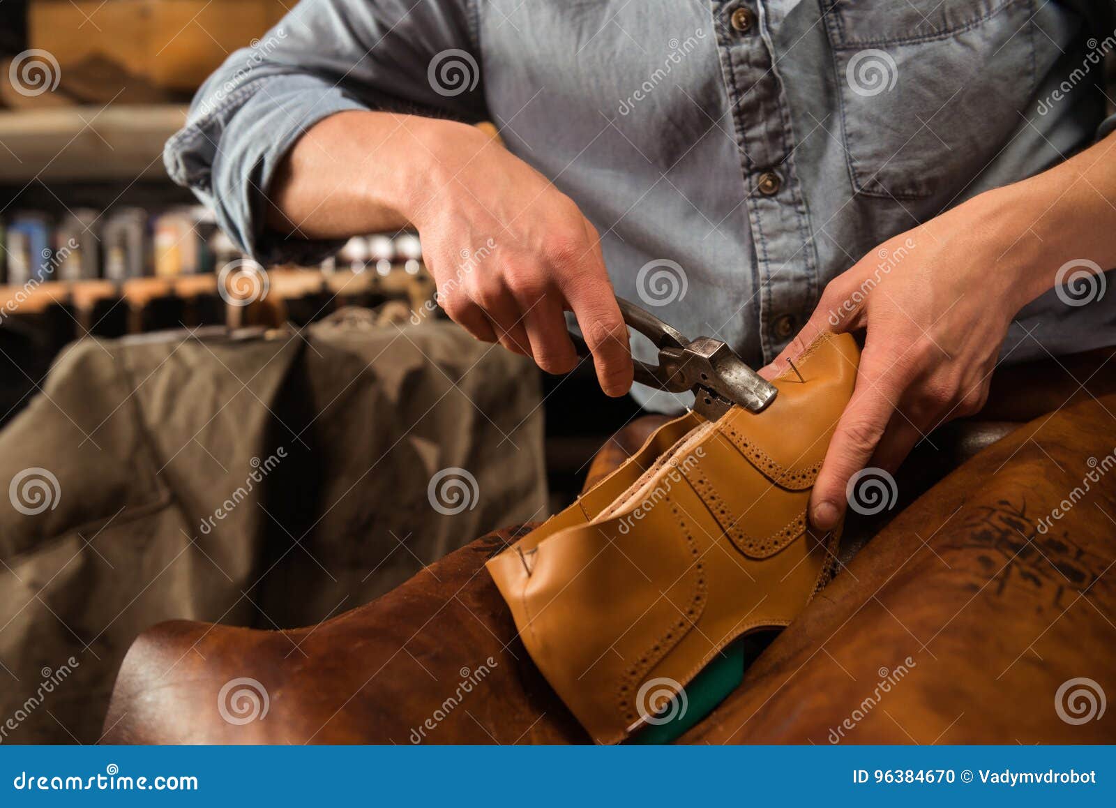 Shoemaker Sitting in Workshop Making Shoes Stock Photo - Image of ...