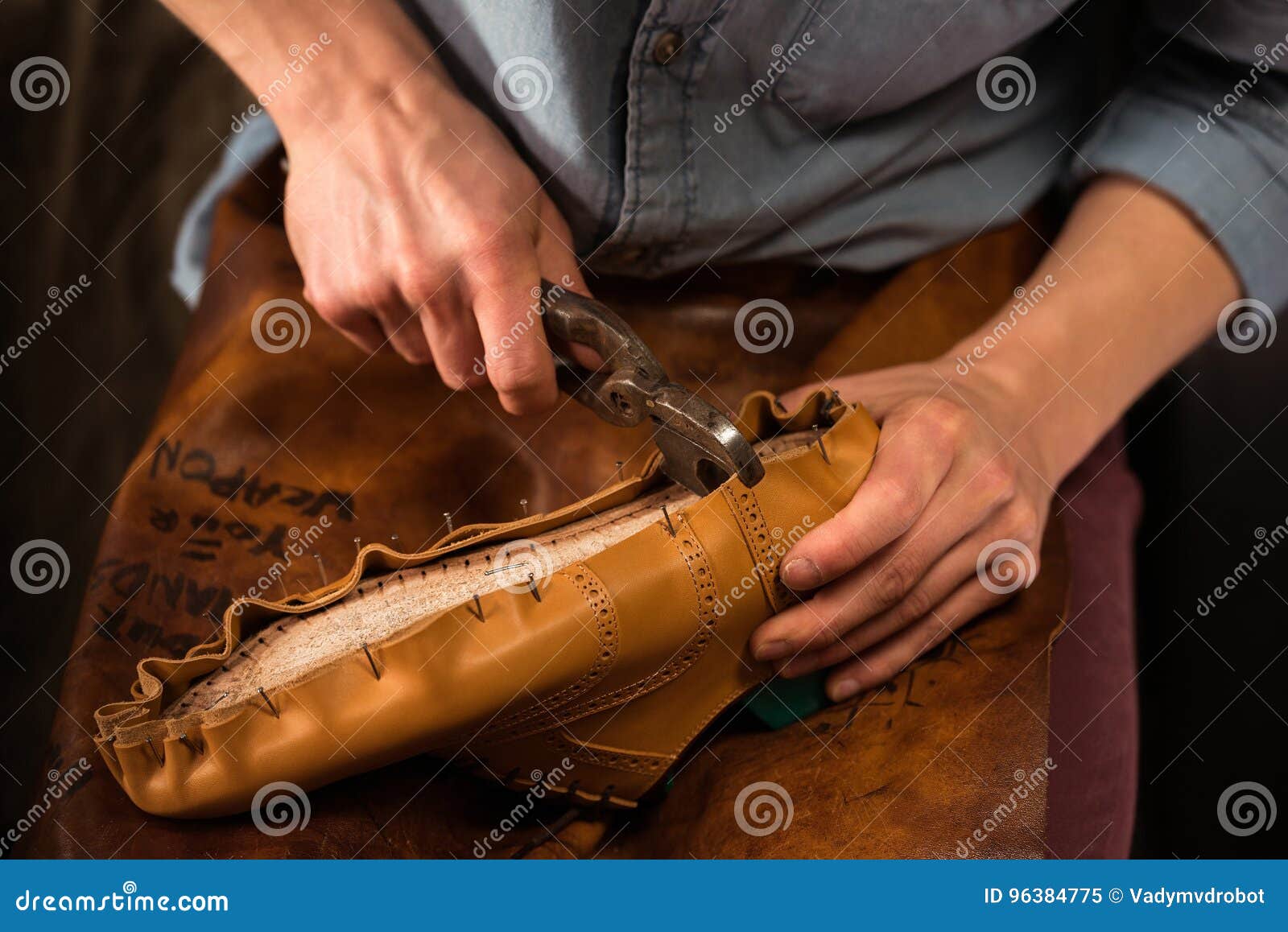 Shoemaker Sitting in Workshop Making Shoes Stock Image - Image of ...
