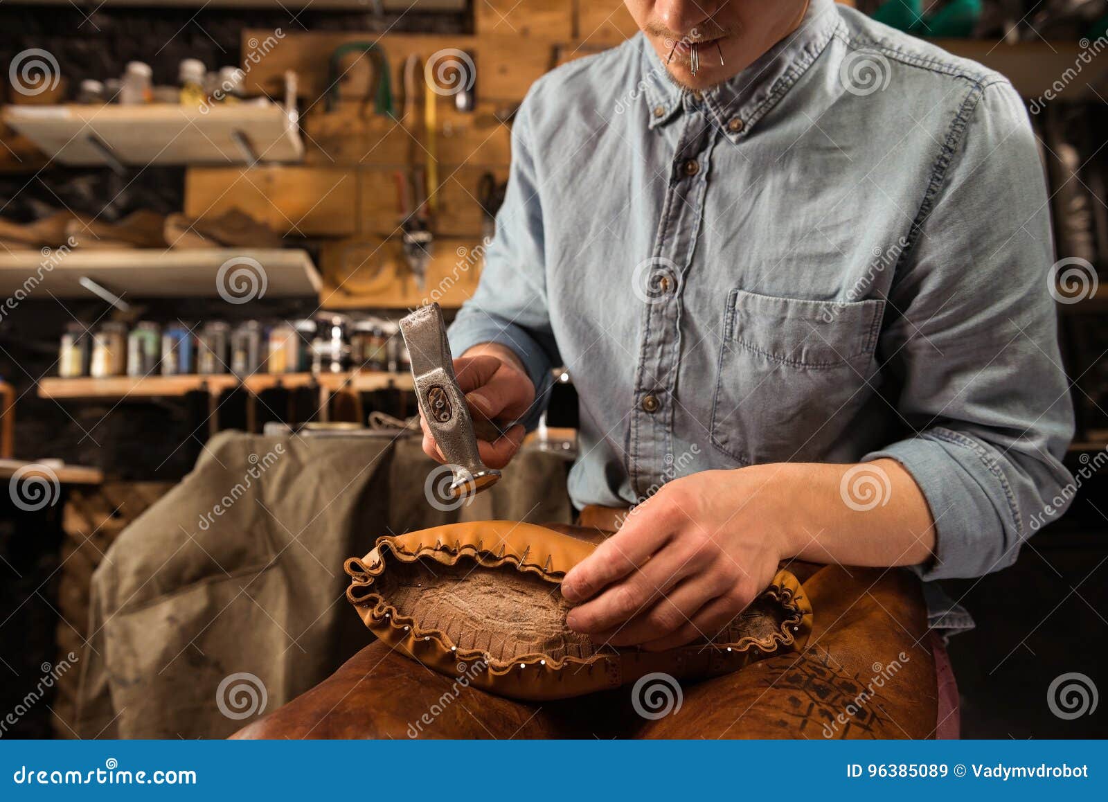 Shoemaker Sitting in Workshop Making Shoes Stock Image - Image of ...