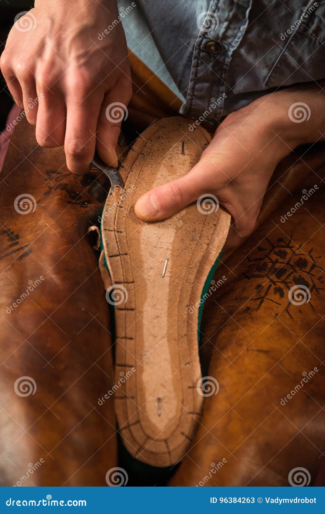 Shoemaker Sitting in Workshop Making Shoes Stock Image - Image of ...
