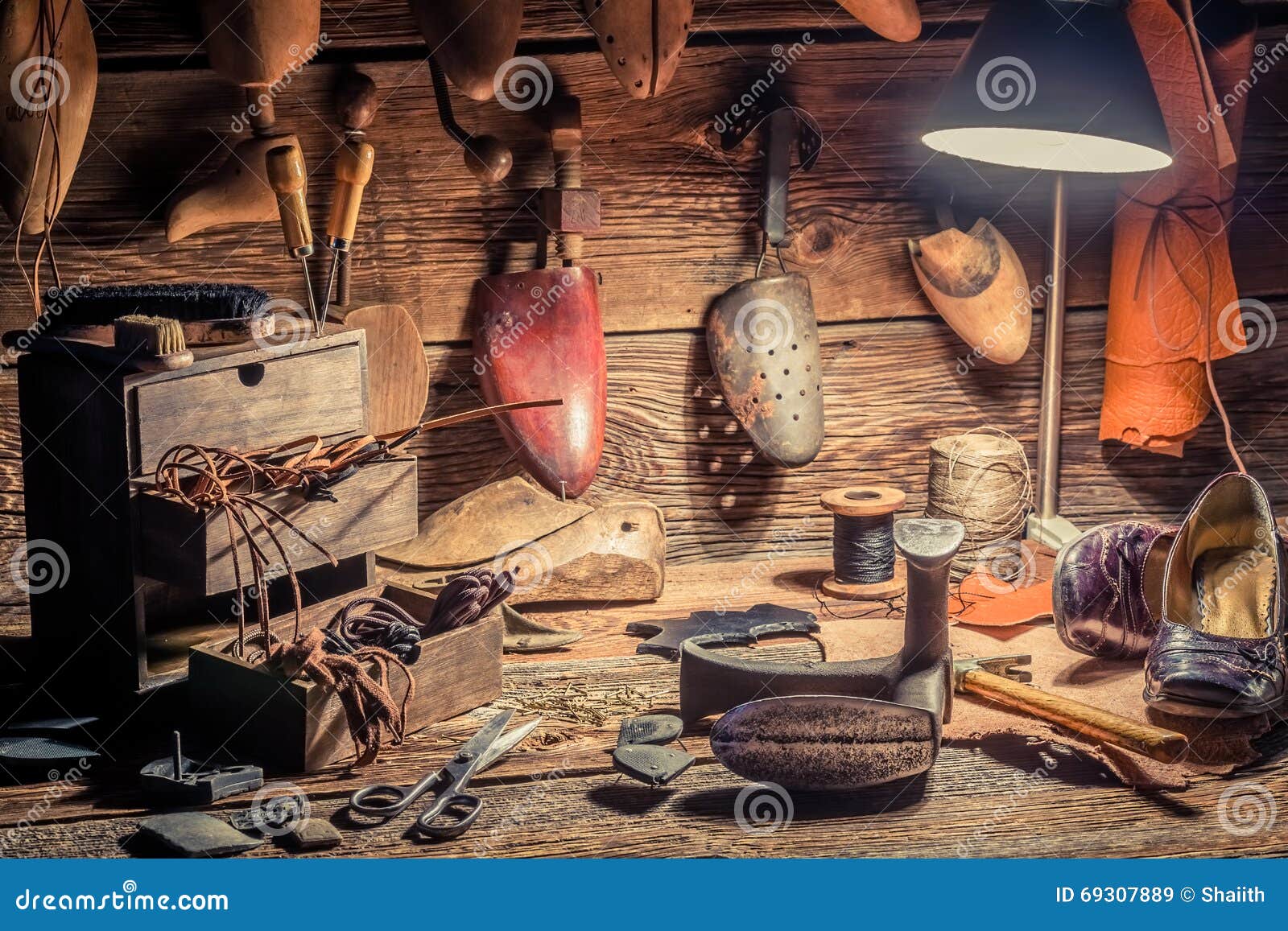 Shoemaker Workshop with Brush and Shoes Stock Image - Image of pads ...