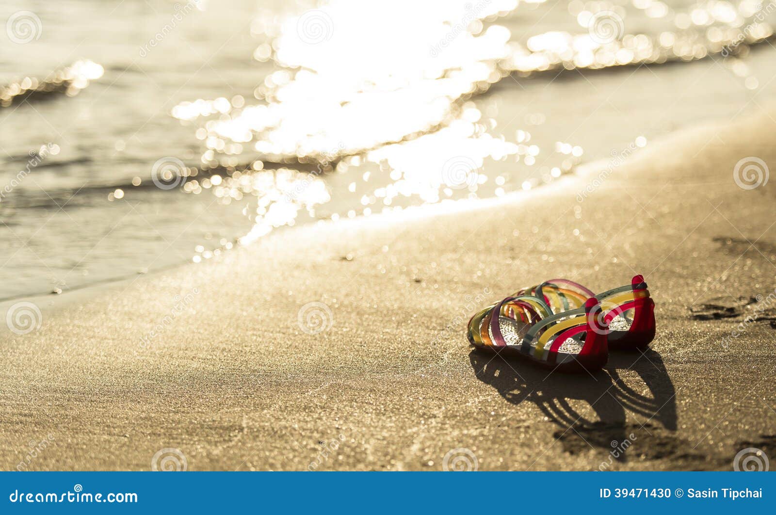 Shoes on the Beach in Sunset Time Stock Photo - Image of starfish, flop ...