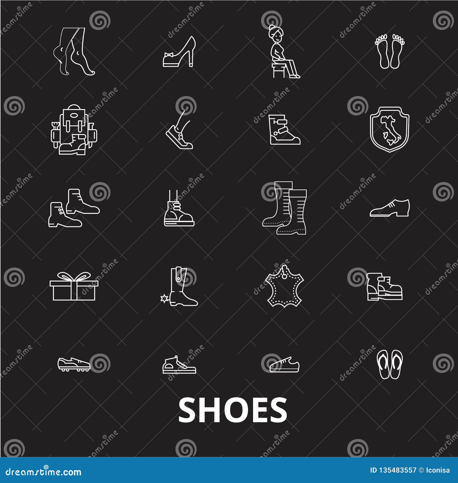 Shoes Editable Line Icons Vector Set on Black Background. Shoes White ... Shoes Editable Line Icons Vector Set on Black Background. Shoes White ...