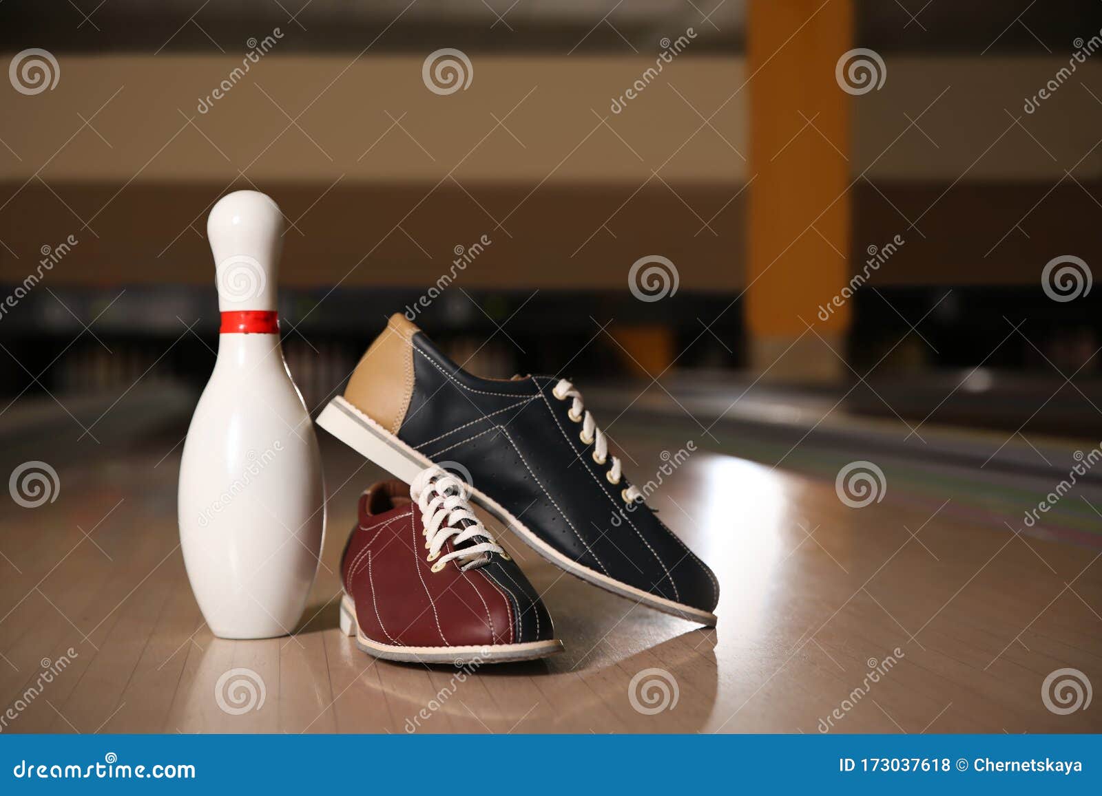 Shoes and Pin on Bowling Lane in Club Stock Photo - Image of design ...
