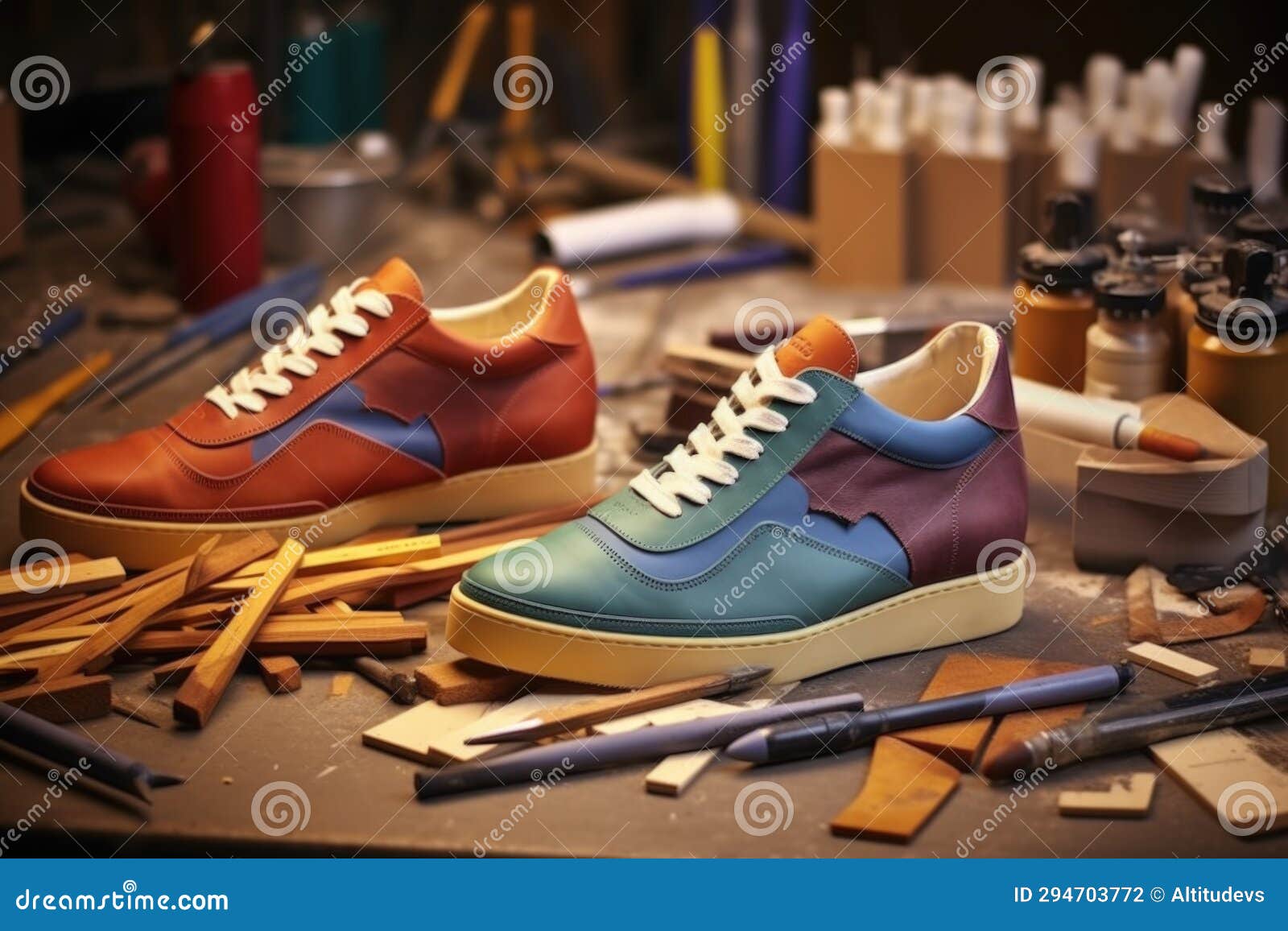 Shoes in Various Stages of the Design Process on a Table Stock Photo ...