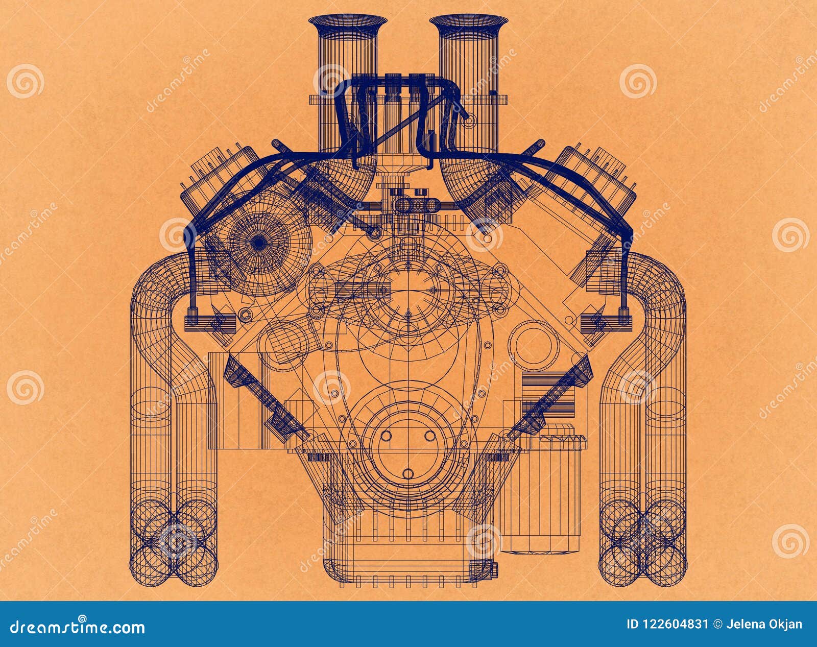 Car Engine Concept - Retro Architect Blueprint Stock Illustration ...