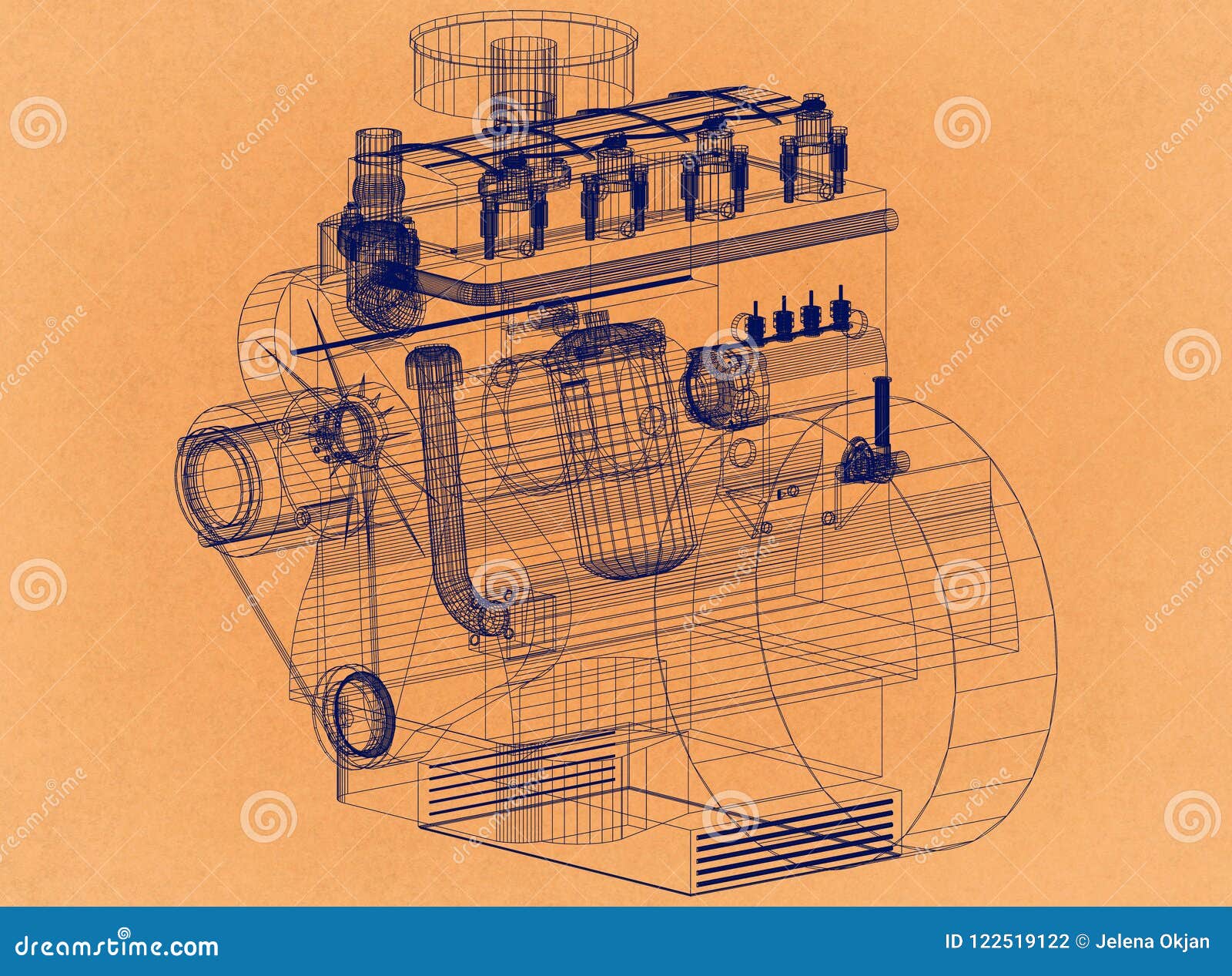 Car Engine - Retro Architect Blueprint Stock Illustration ...