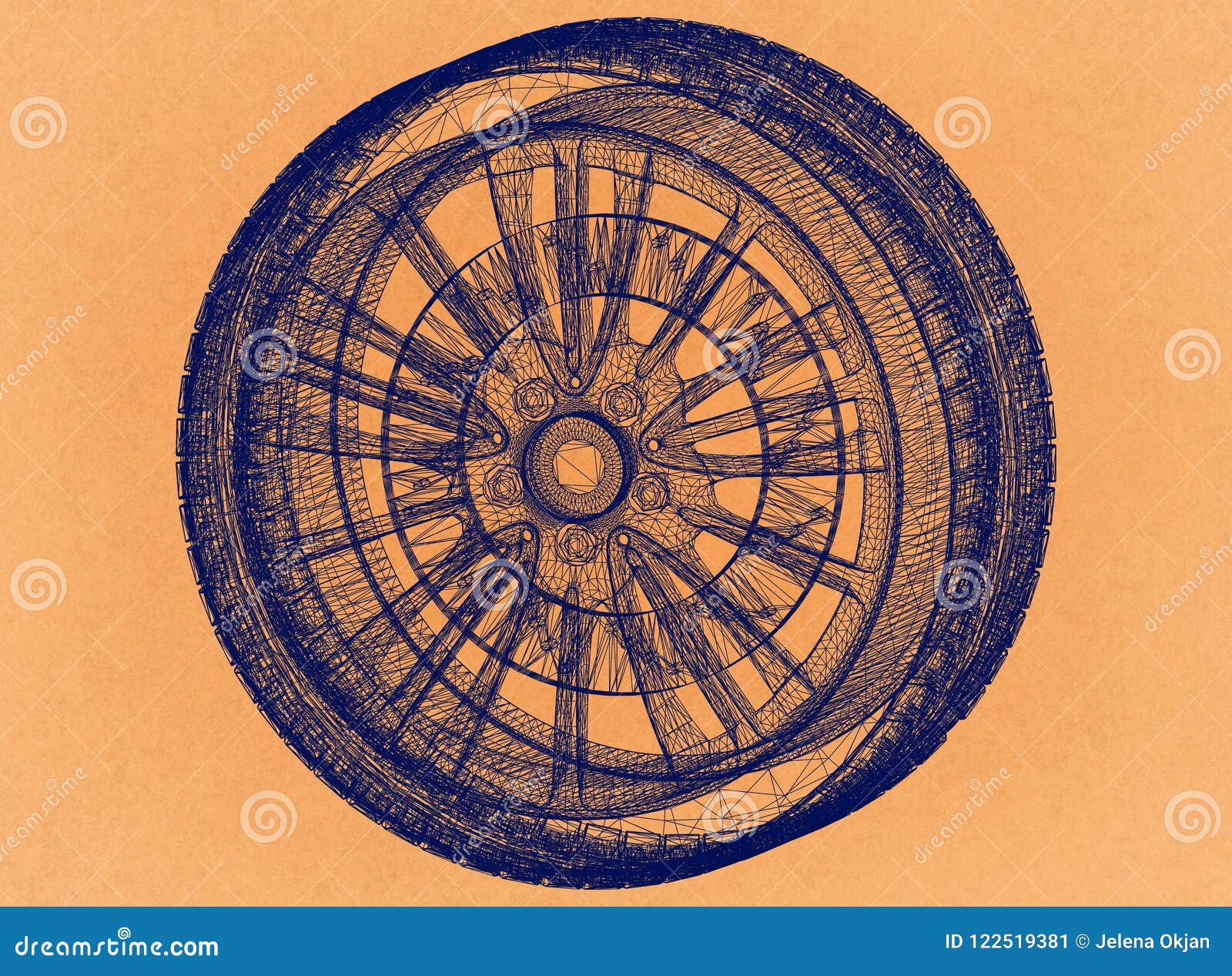 Car Tire and Rim - Retro Architect Blueprint Stock Image - Image of ...