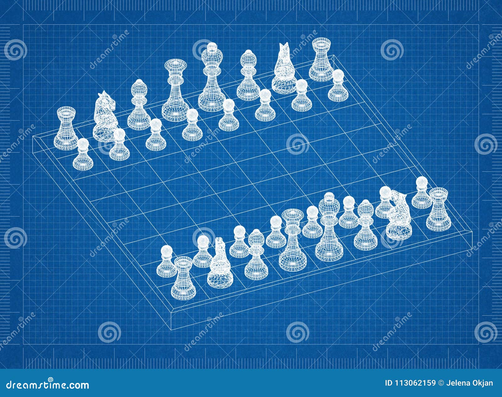 Chess Board with Figures 3D Blueprint Stock Image - Image of background ...