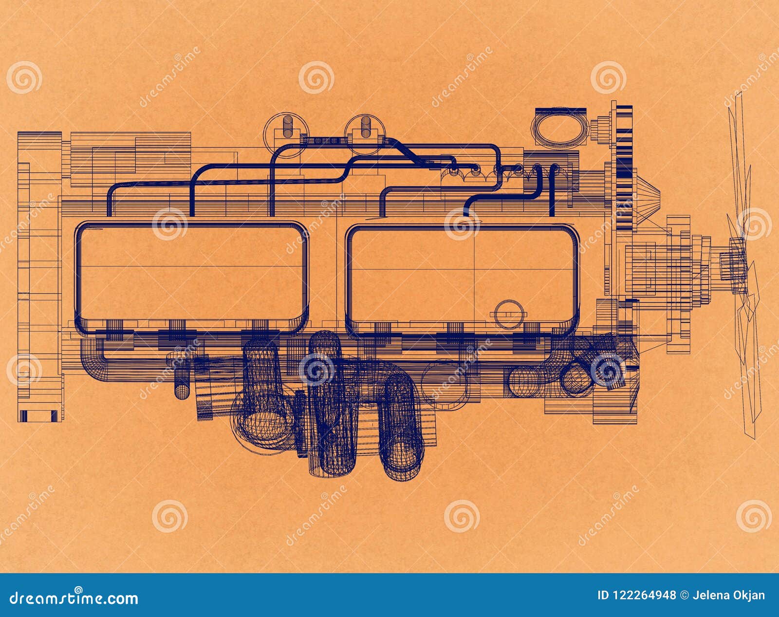 Engine - Retro Architect Blueprint Stock Illustration - Illustration of ...