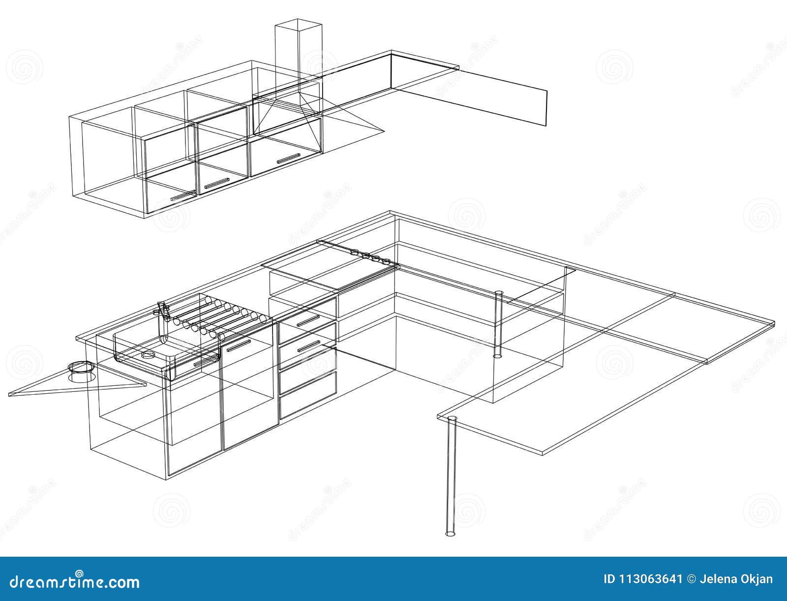 Kitchen 3D Blueprint - Isolated Stock Illustration - Illustration of ...