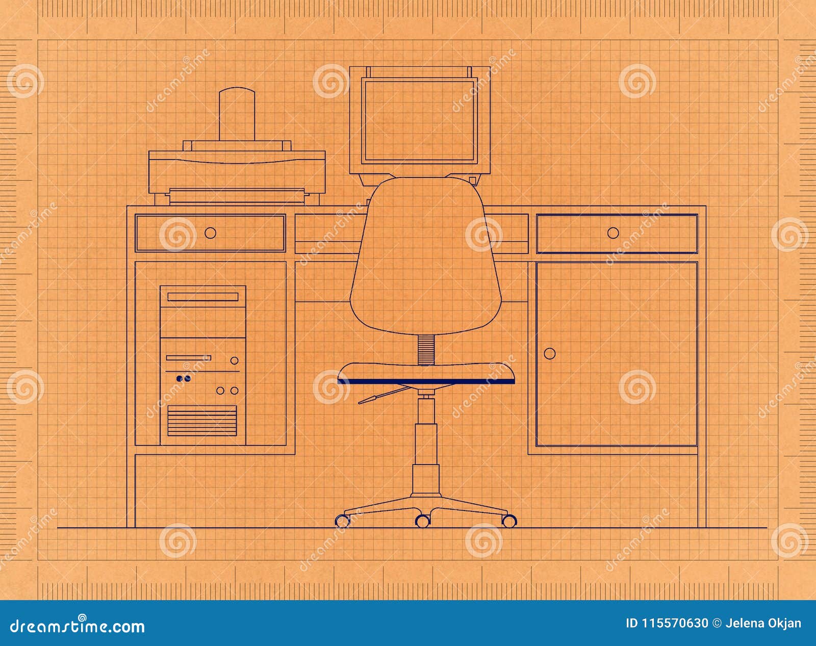 Office Desk with Computer - Retro Blueprint Stock Illustration ...