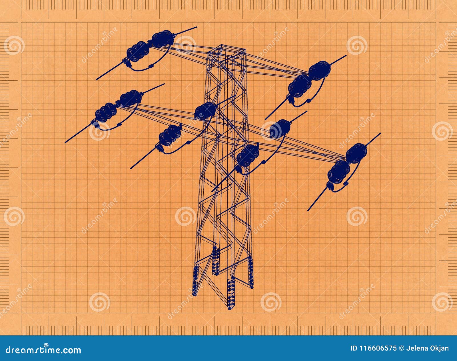 Overhead Power Line - Retro Blueprint Stock Illustration - Illustration ...
