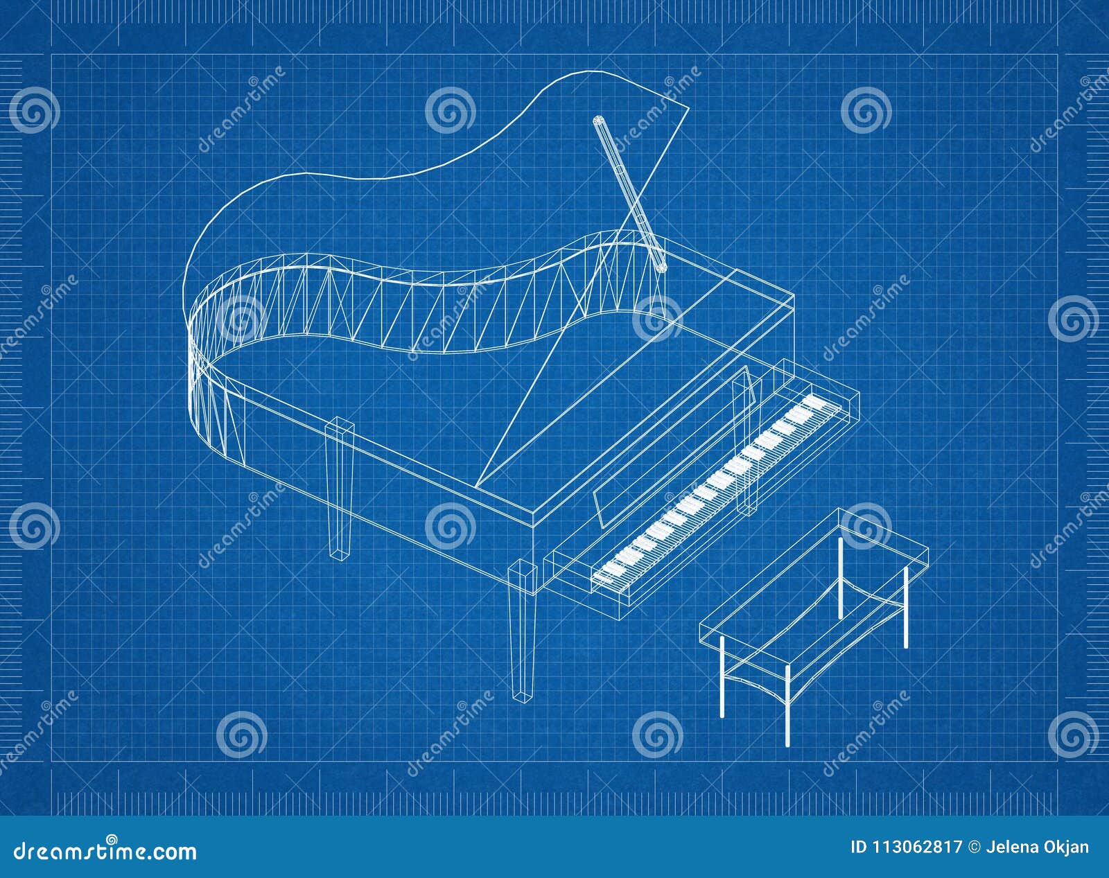 Piano 3D blueprint stock illustration. Illustration of blue - 113062817