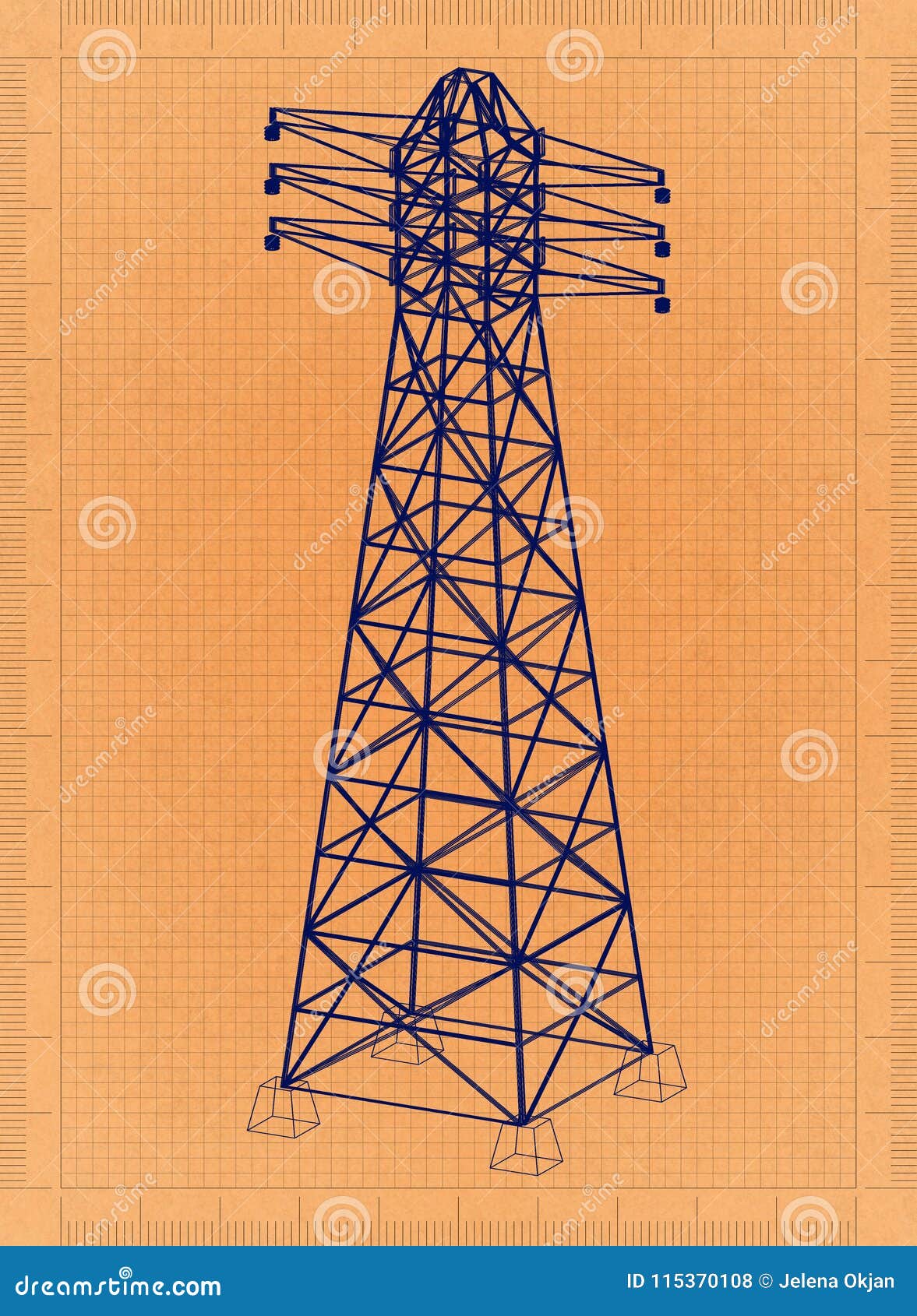 Power Line Tower - Retro Blueprint Stock Illustration - Illustration of ...