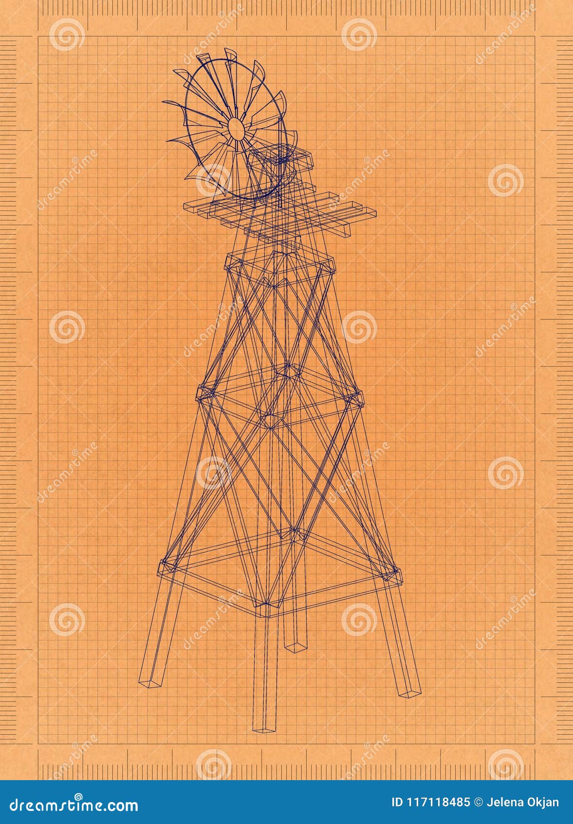 Windmill - Retro Blueprint stock illustration. Illustration of farm ...