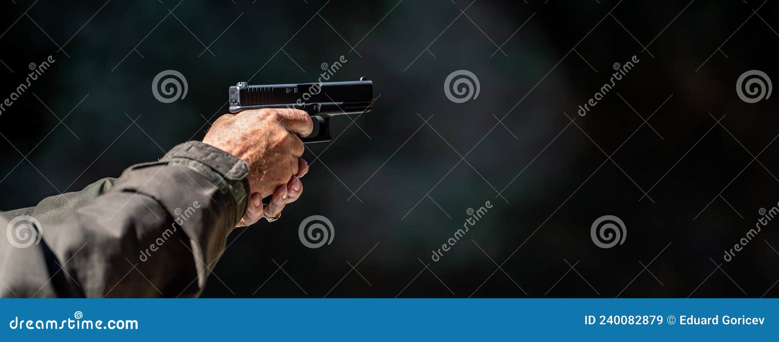 Shooting from a Pistol at a Target on a Shooting Range. Banner. Copy ...