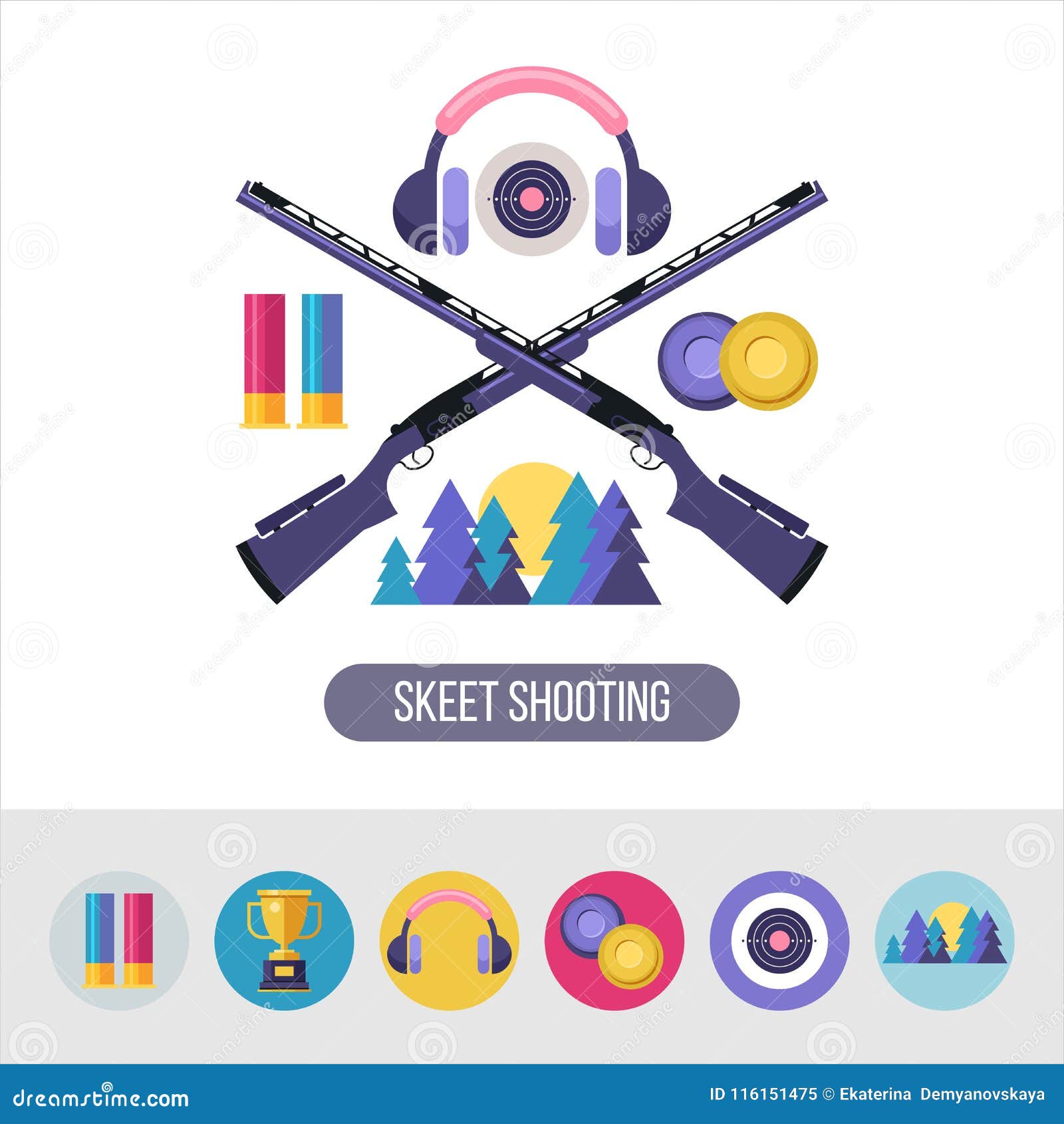 Shooting Skeet. Vector Emblem. Set of Design Elements. Round Icons ...