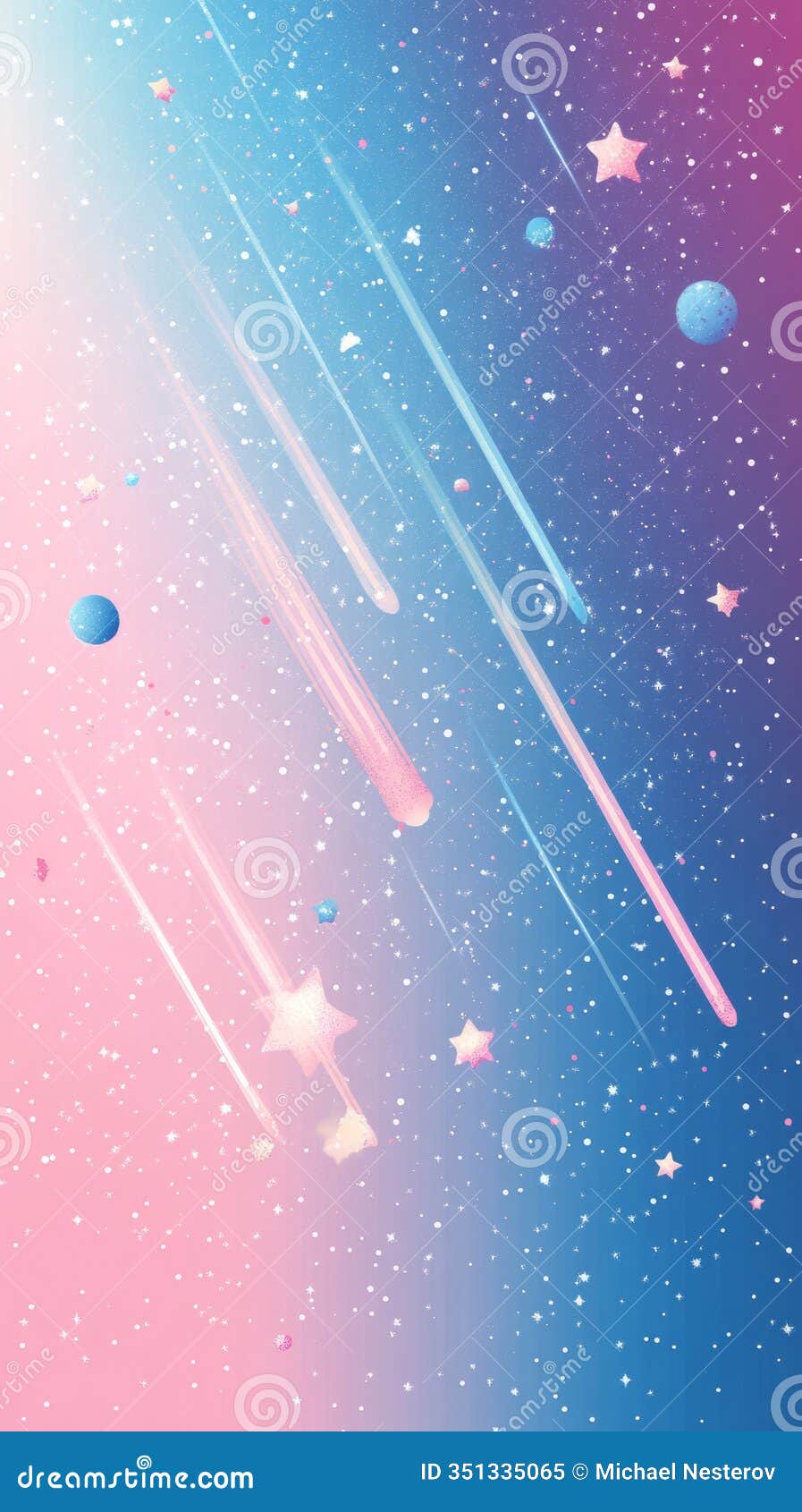Shooting Stars Falling through a Pink and Blue Galaxy with Planets and ...