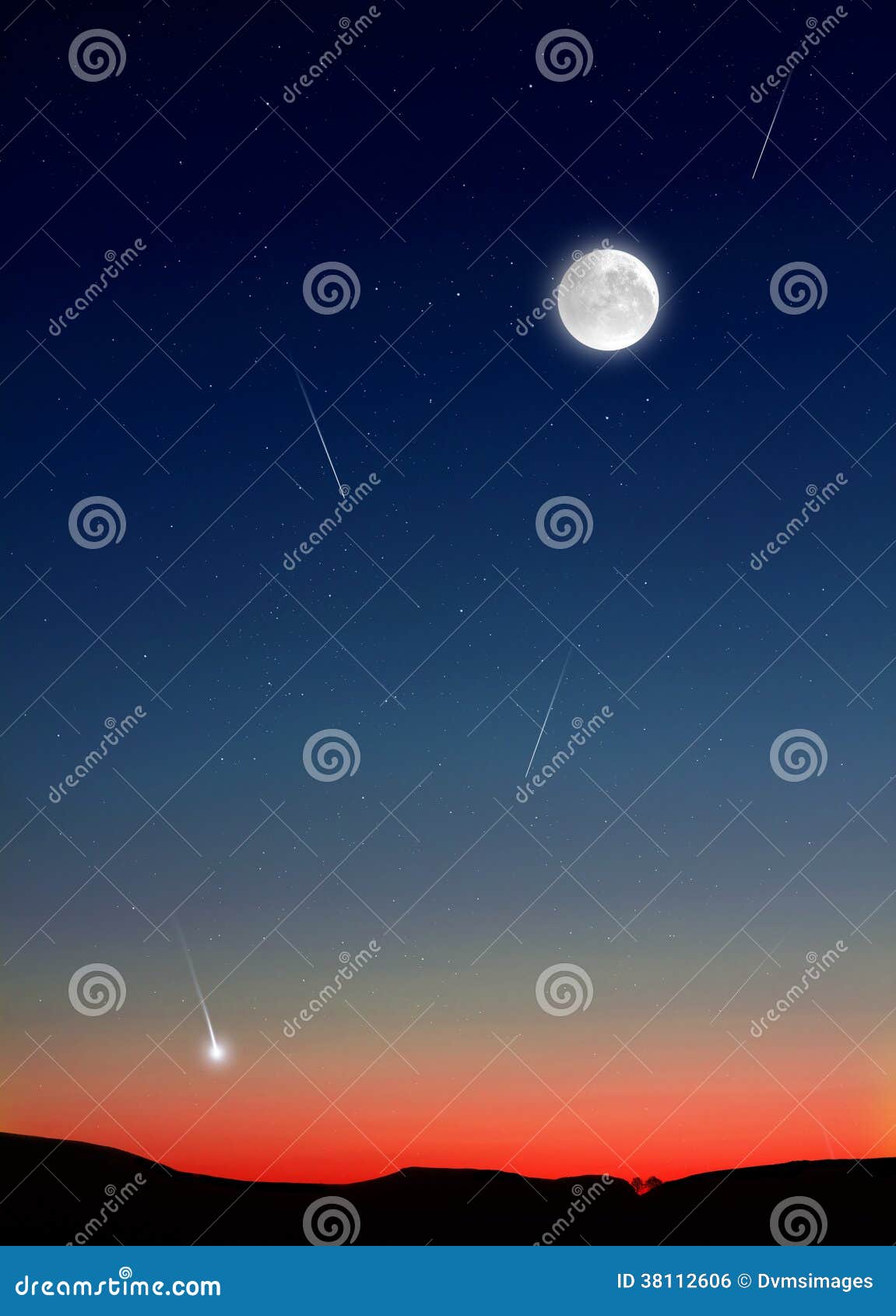 Shooting Stars in Night Sky Stock Photo - Image of sunset, moon: 38112606