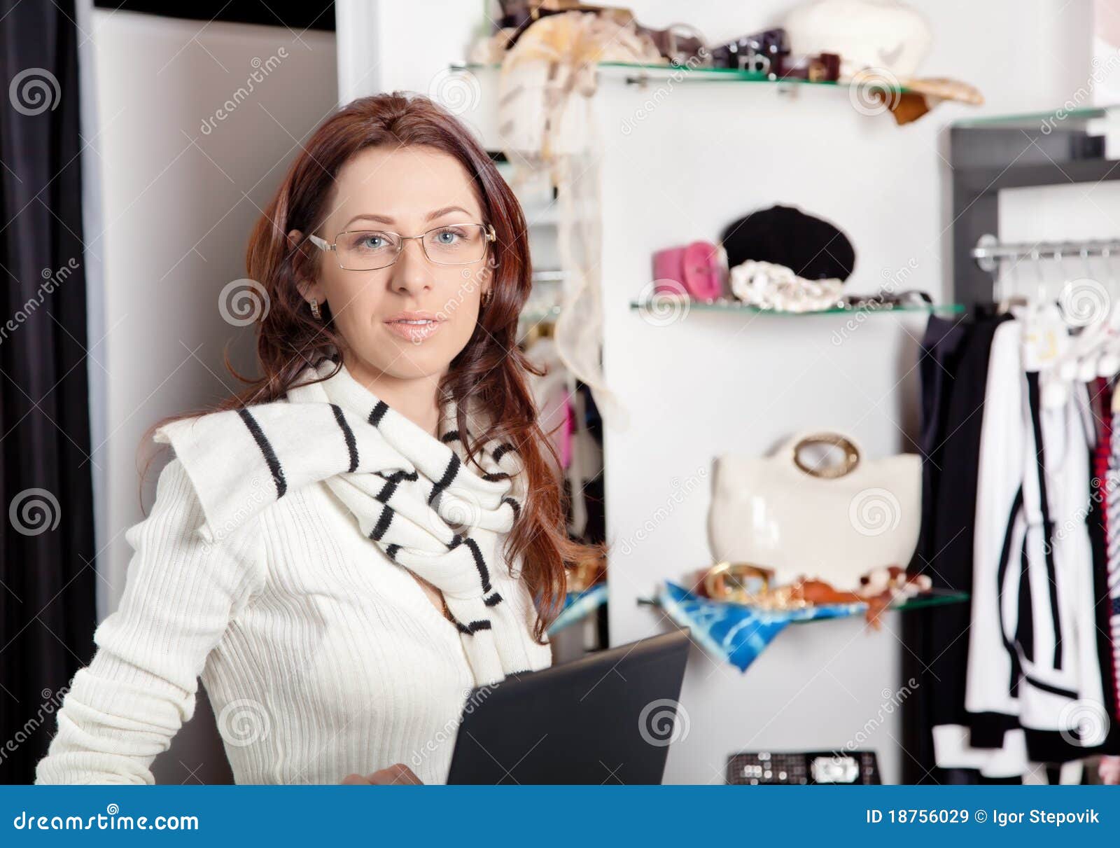 Shop Assistant with Laptop Working in Store Stock Image - Image of ...