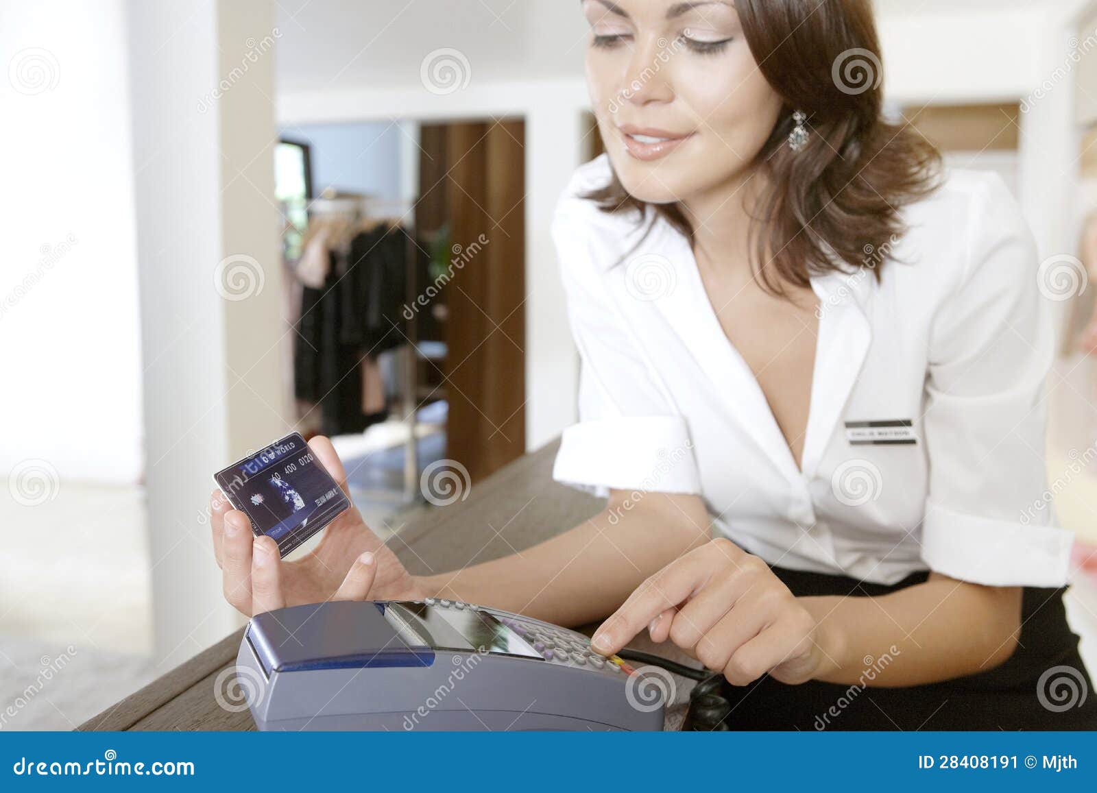 Shop Attendant Sweeping Credit Card at Store Counter Stock Image ...