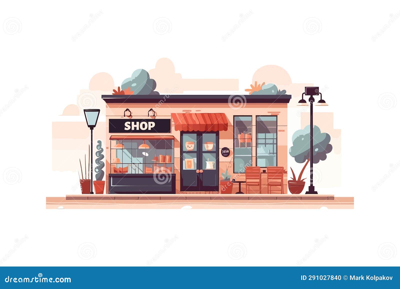 Shop Building Flat Cartoon Isolated on White Background. Vector ...
