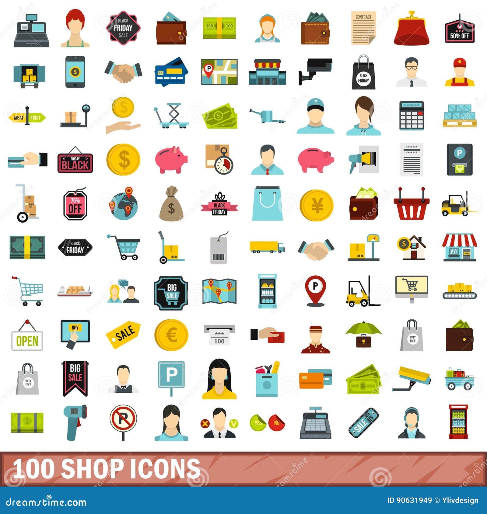 100 Shop Icons Set, Flat Style Stock Vector - Illustration of basket ...