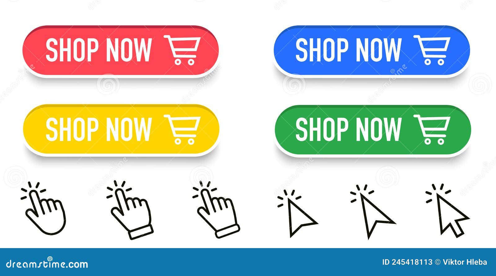 Shop Now Button Collection with Hand Pointer Set Stock Vector ...