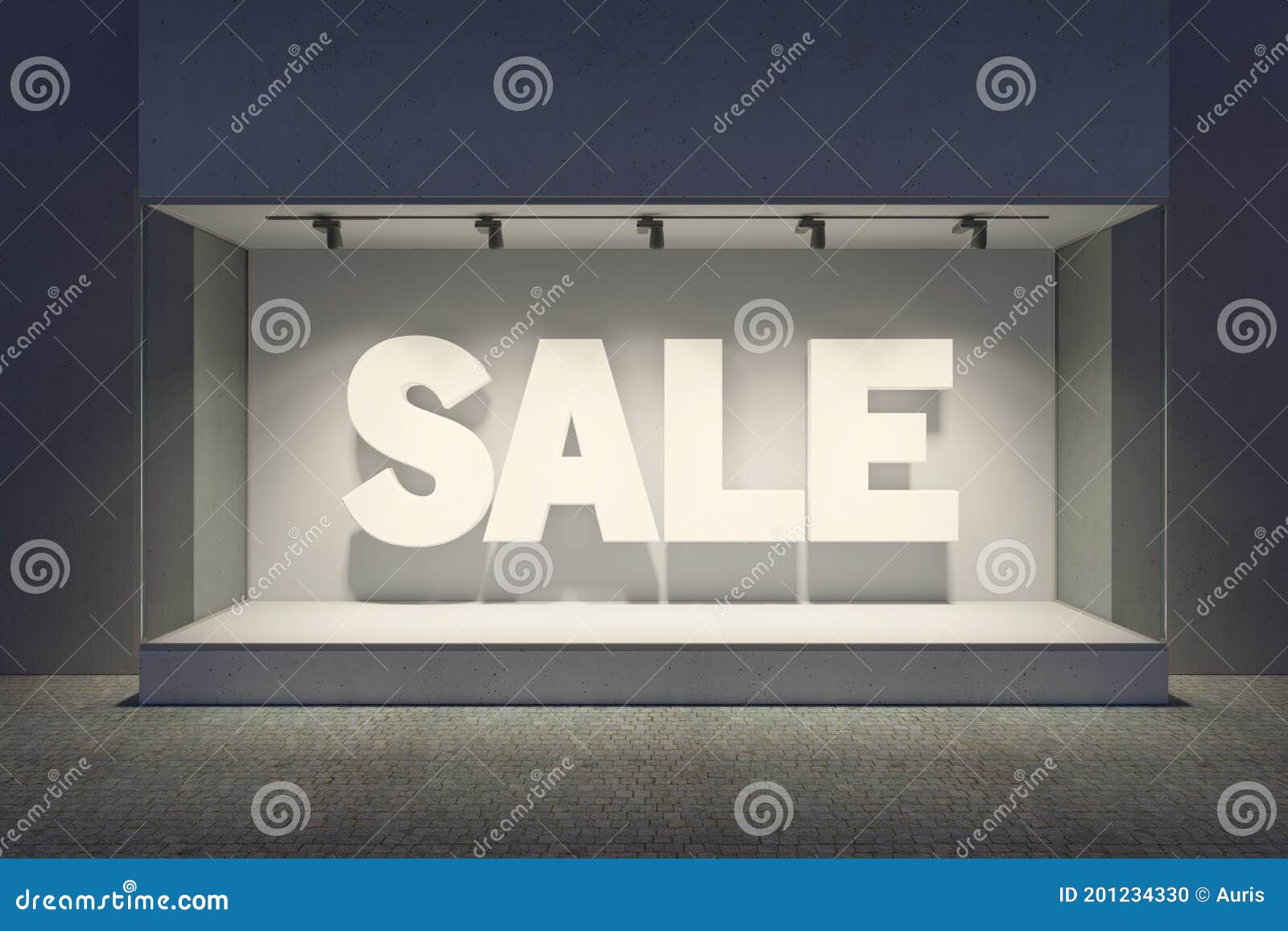 Shop Showcase with Sale Banner in Night, 3d Rendering Stock ...
