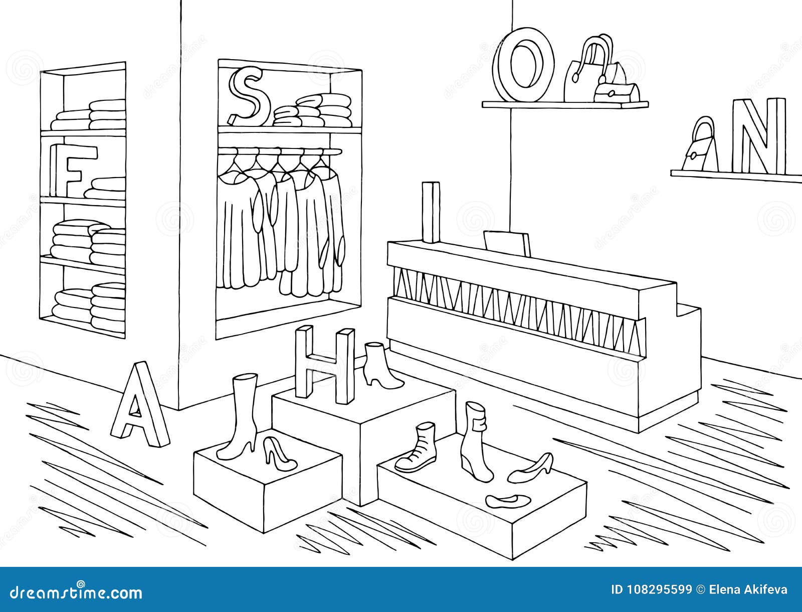 Shop Store Interior Graphic Black White Sketch Illustration Vector ...