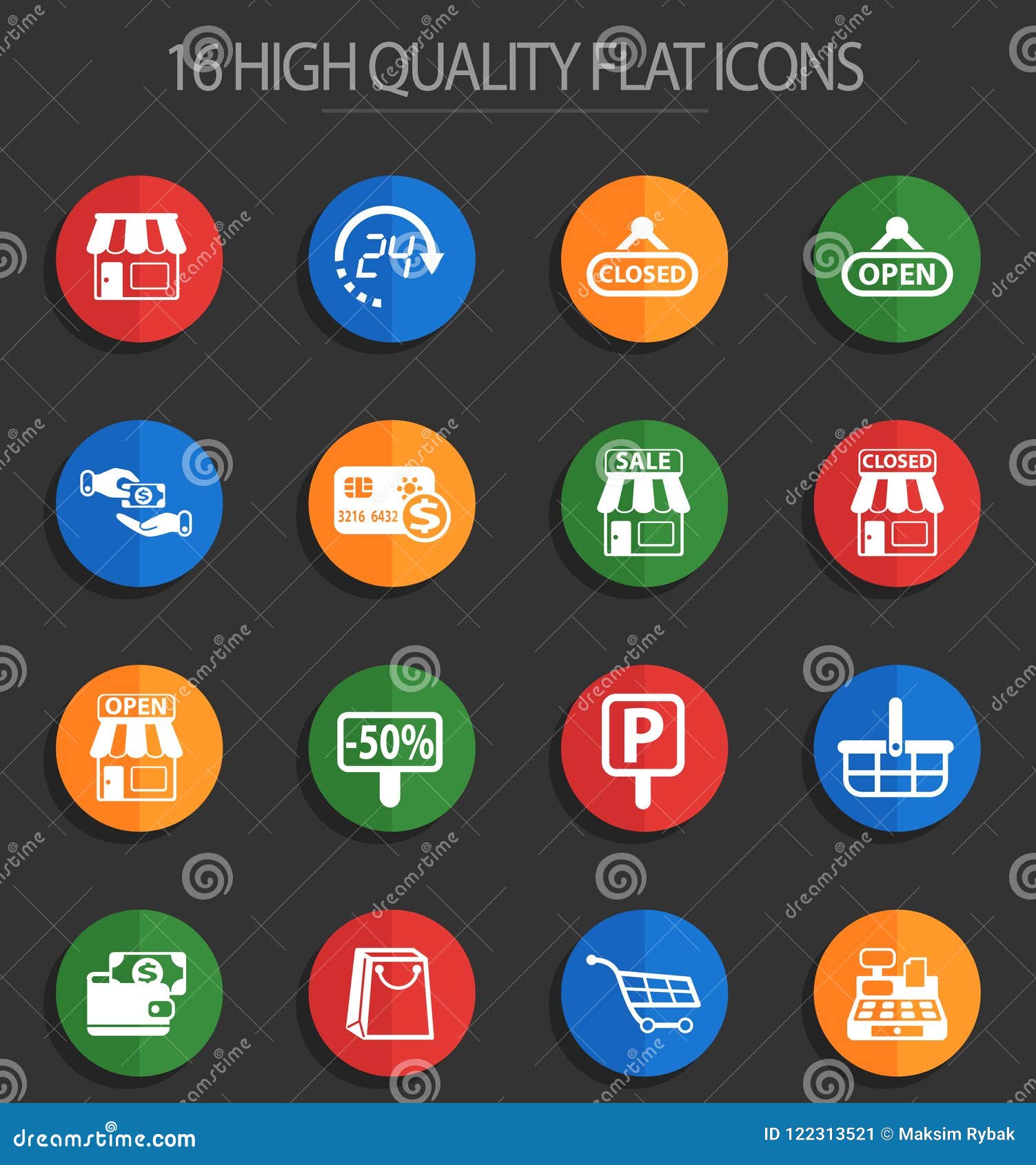 Shop 16 flat icons stock vector. Illustration of package - 122313521