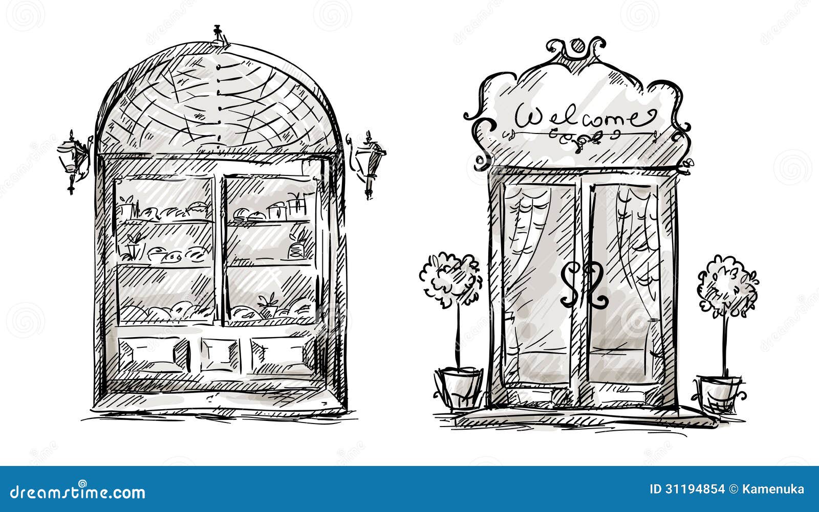 Shop-window and Entrance Door Drawing, Retro Style Stock Vector ...