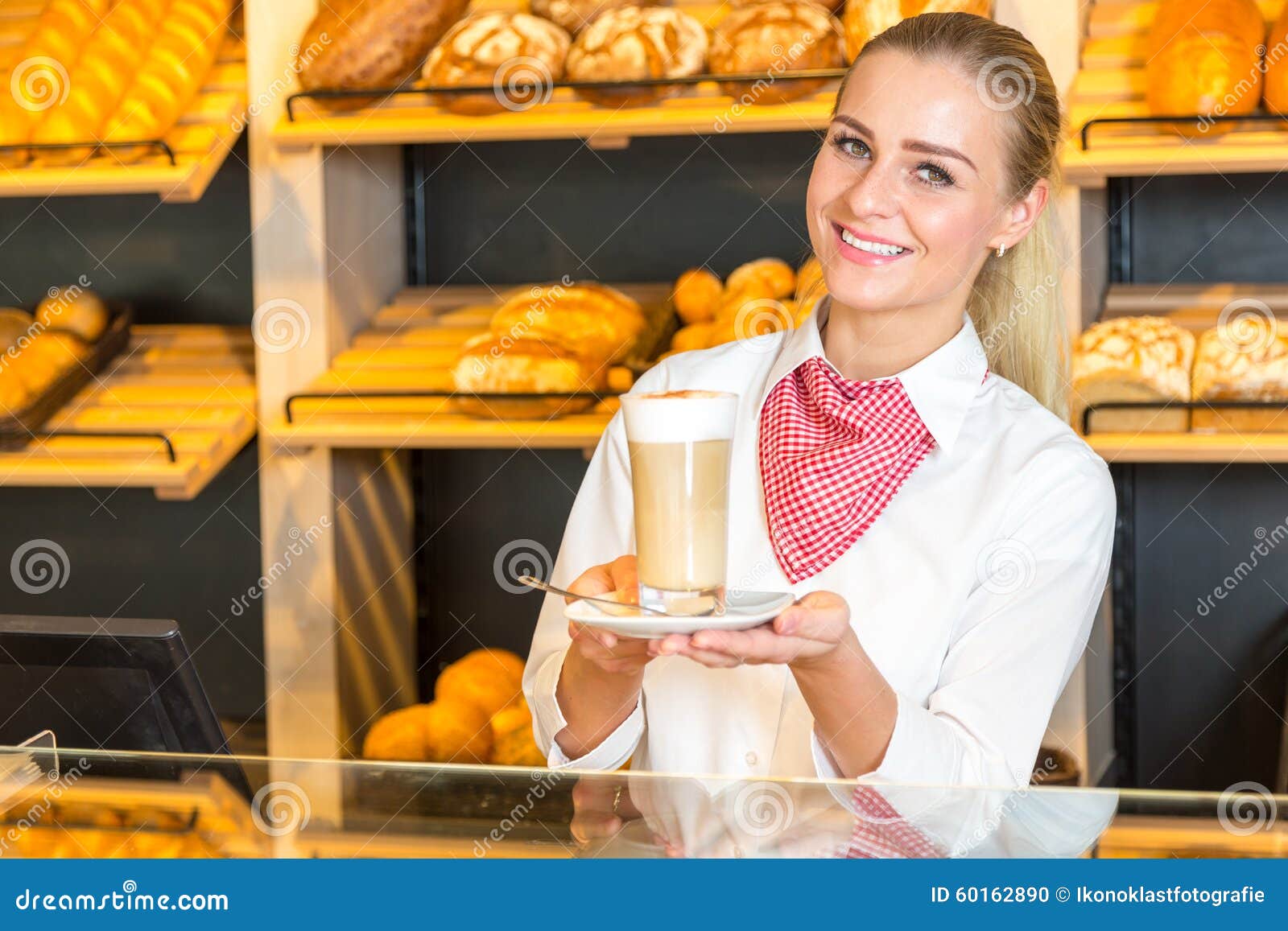 Shopkeeper at Bakery or Baker S Shop Presenting Coffee Stock Photo ...