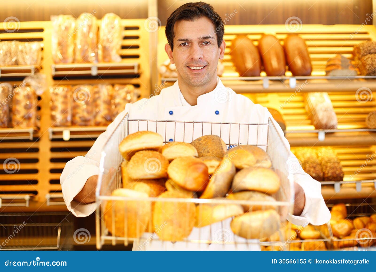 Shopkeeper with Basket of Bread Stock Image - Image of bakery ...