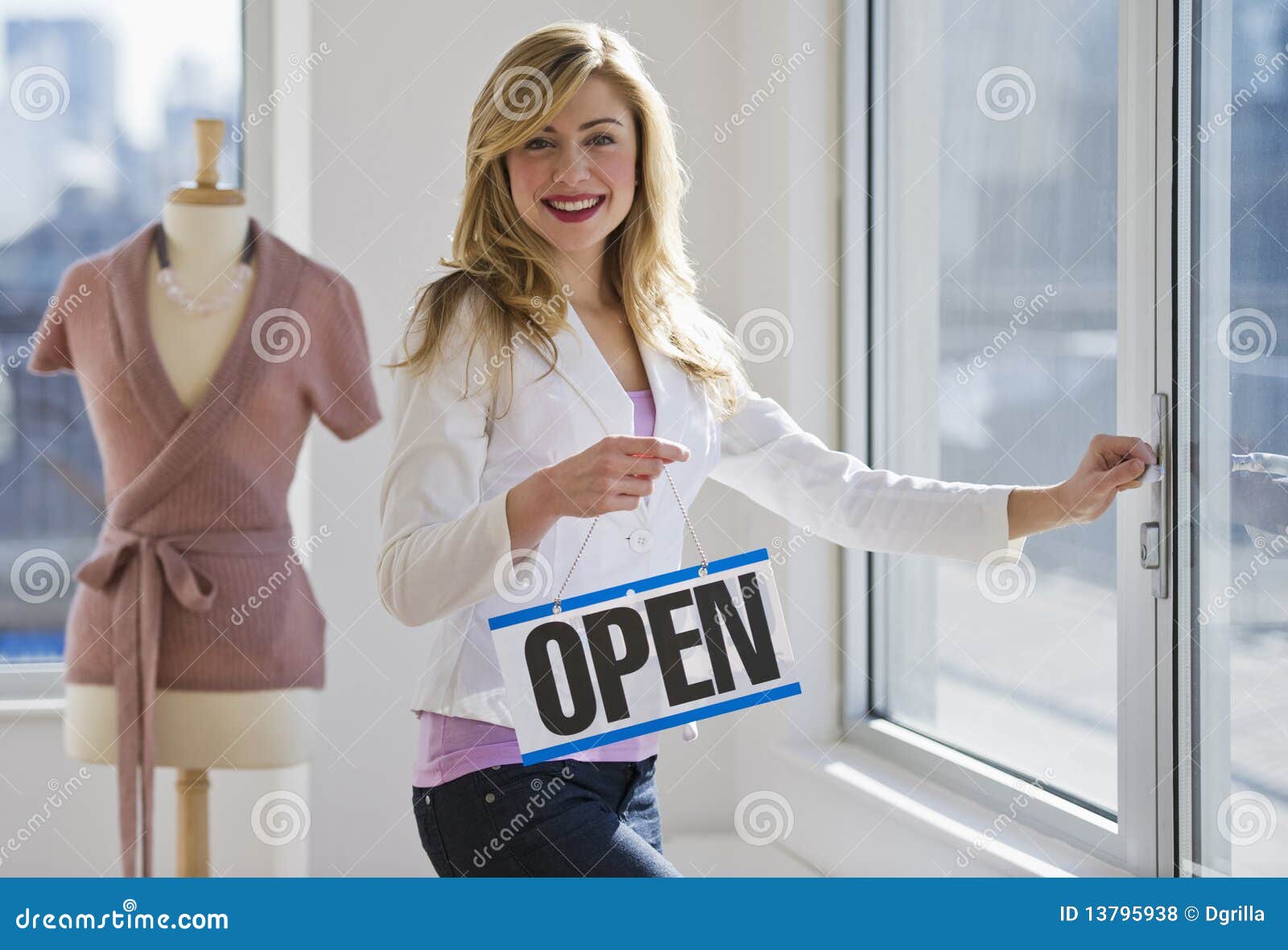 Shopkeeper Holding Open Sign Stock Photo - Image of open, window: 13795938