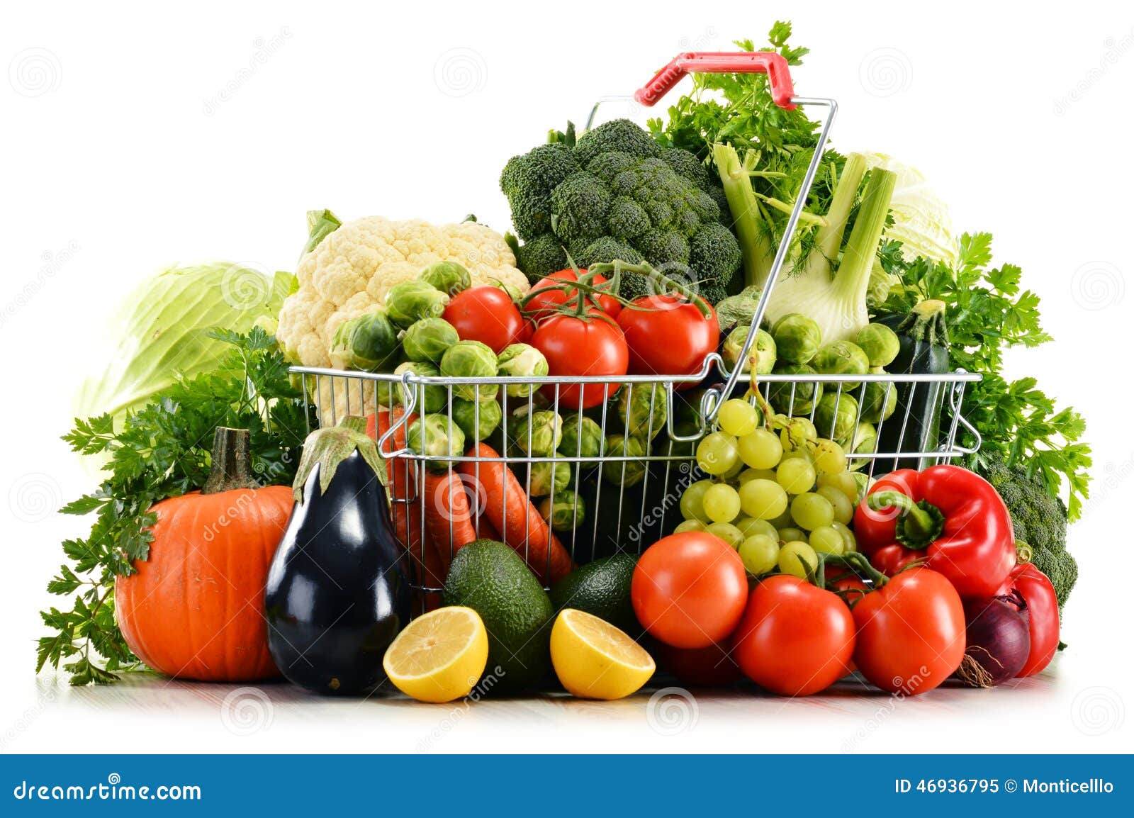 Shopping Basket with Assorted Raw Organic Vegetables Over White Stock ...