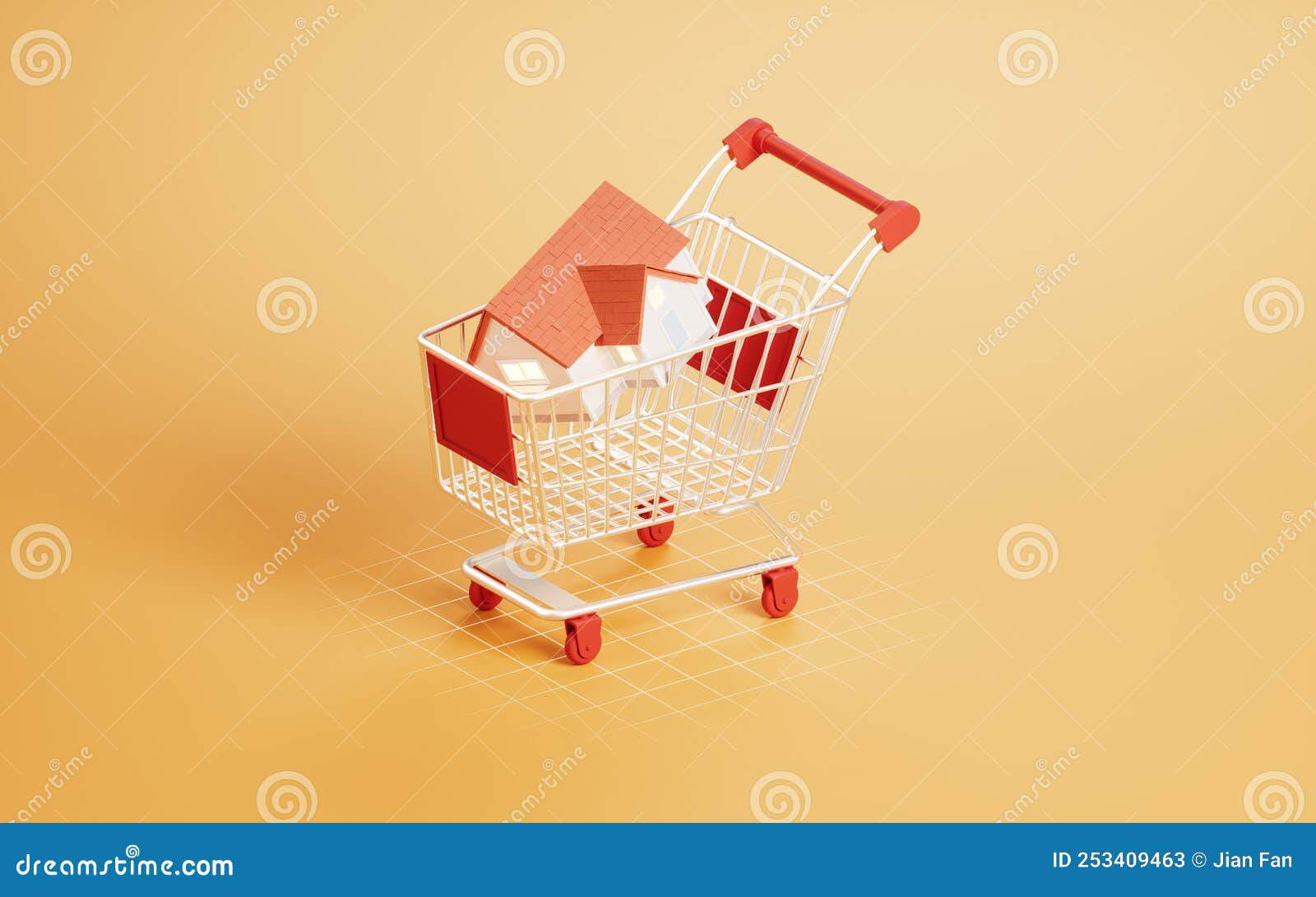 Shopping Cart with House Inside, 3d Rendering Stock Illustration ...